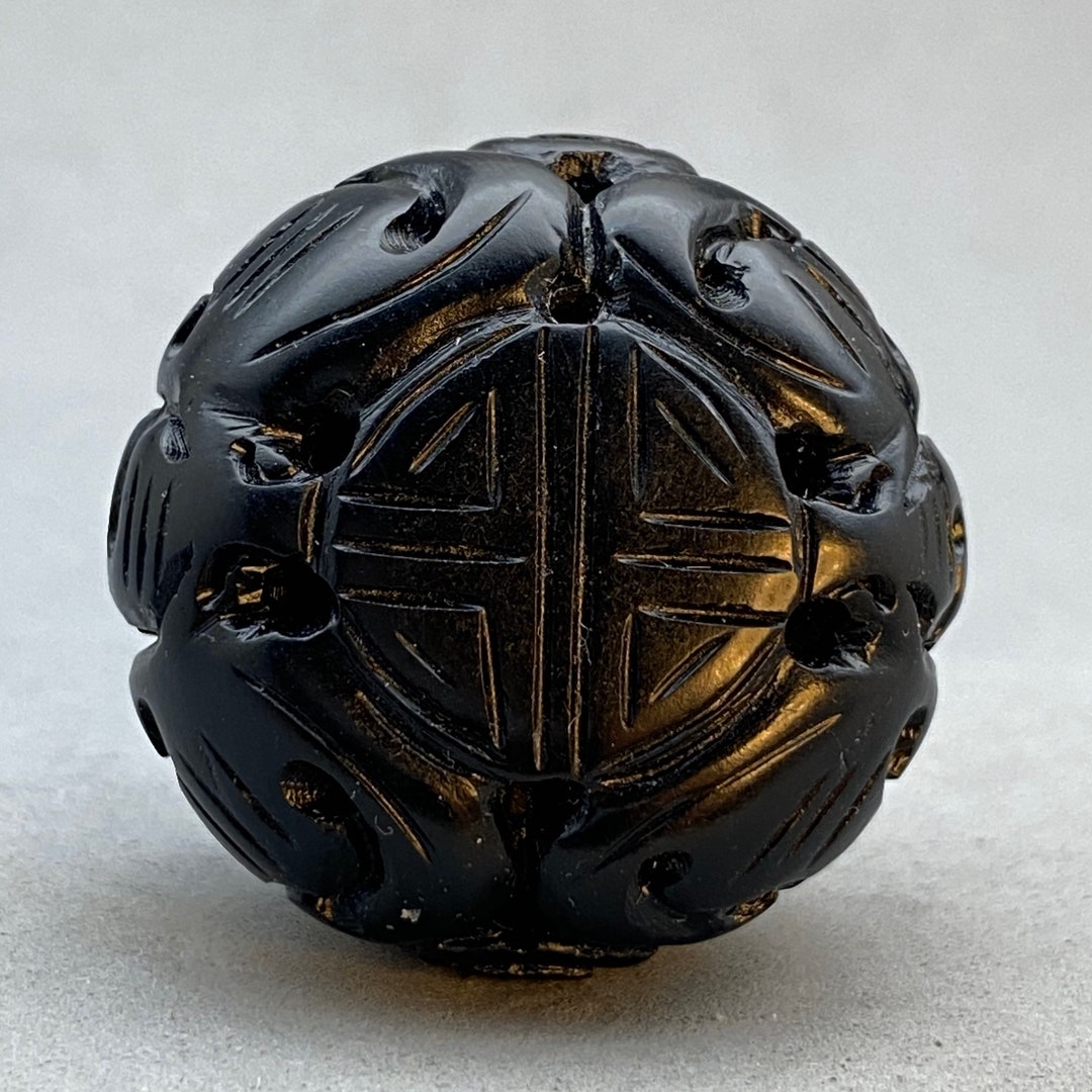 1 Vintage Jet Bead: Hand Carved Black Jet Bead of Longevity and Dragon ...