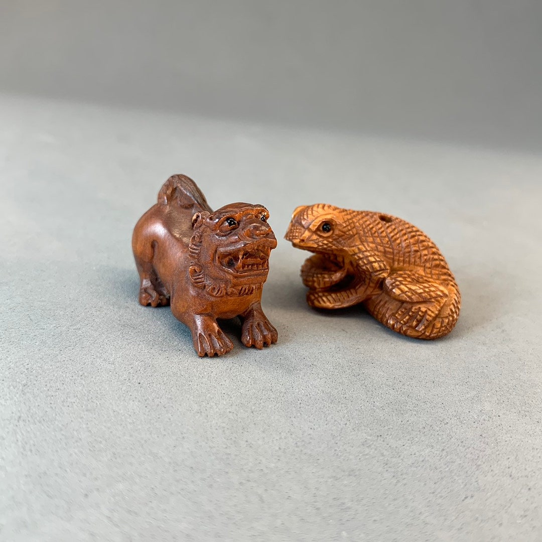2 Hand Carved Boxwood Ojime of Japanese Mythical Animal, Fu Dog, Temple ...