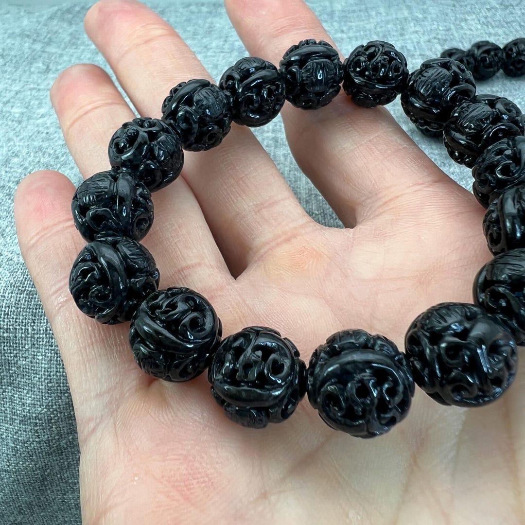 Jade Bead: One Hand Carved Black Jade Bead, Carved Dragon and Longevity ...