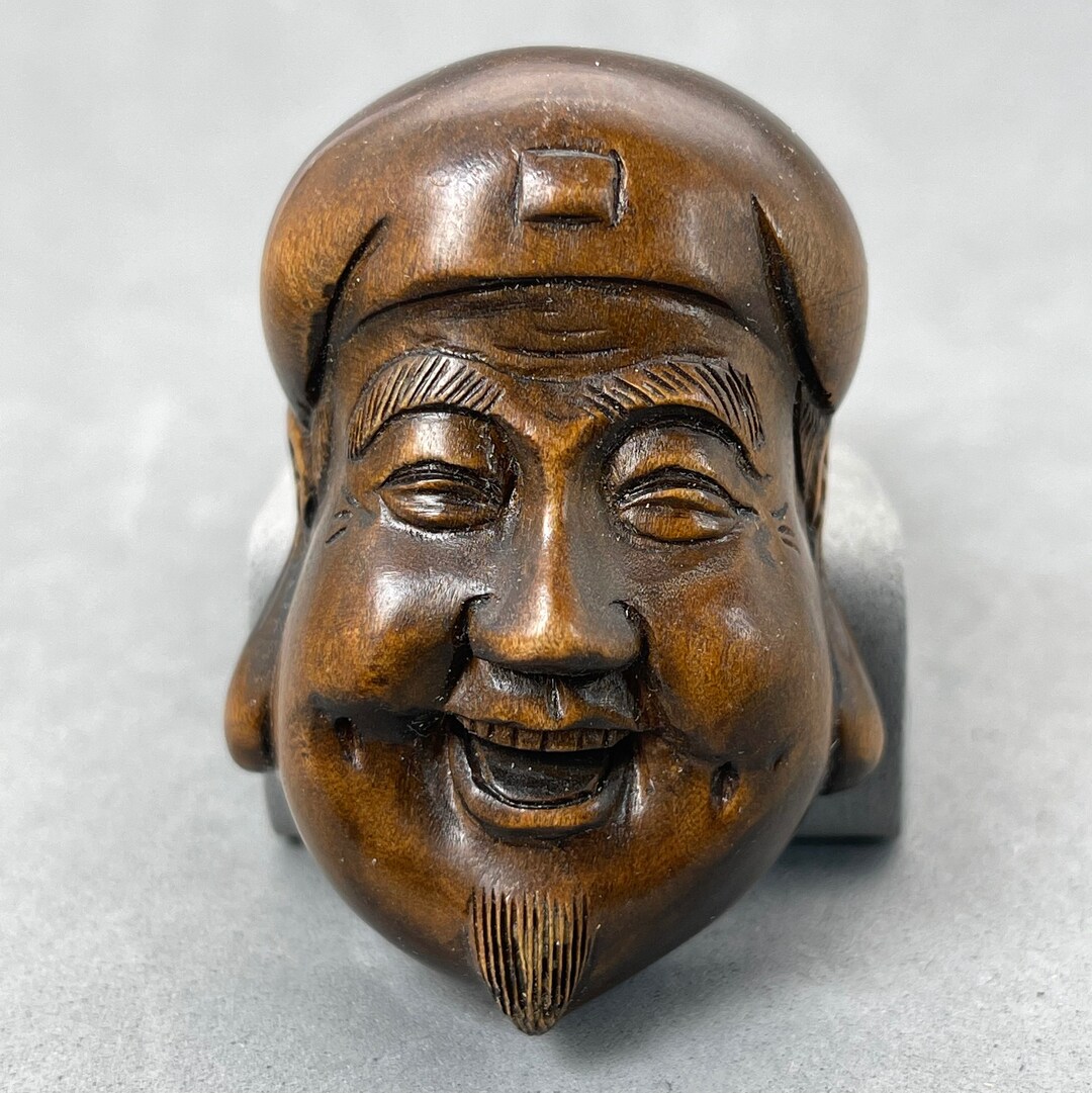 Hand Carved Boxwood Japanese Opera Mask, a Merchant, Represents Fortune ...