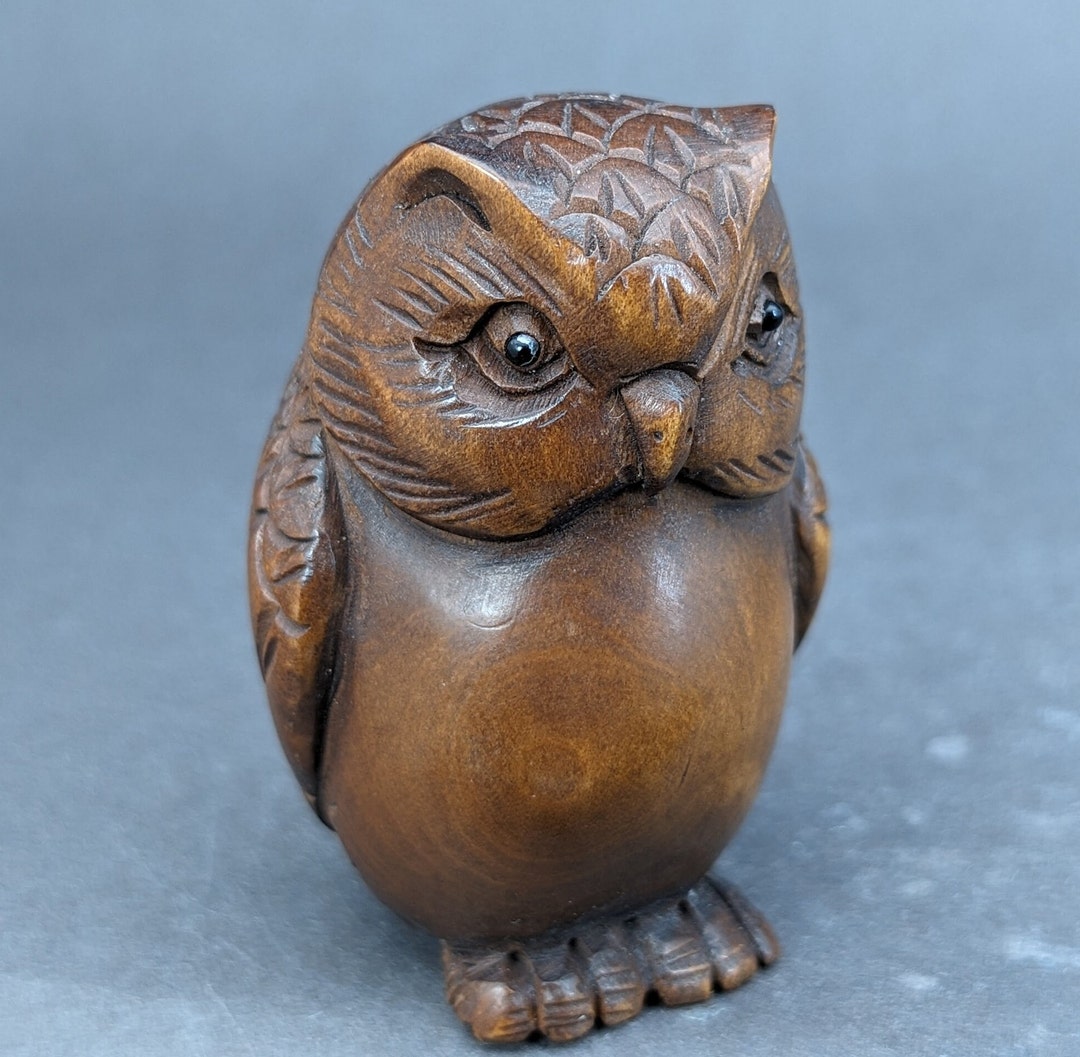 Hand Carved Boxwood Netsuke of an Owl, Boxwood Owl Netsuke, Wood Owl ...