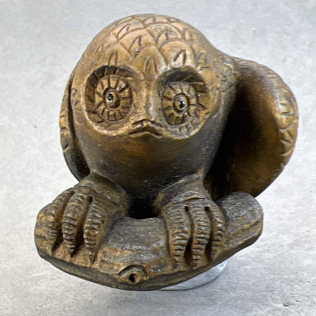 Hand Carved Boxwood Netsuke of an Owl, Boxwood Owl Netsuke, Wood Owl ...