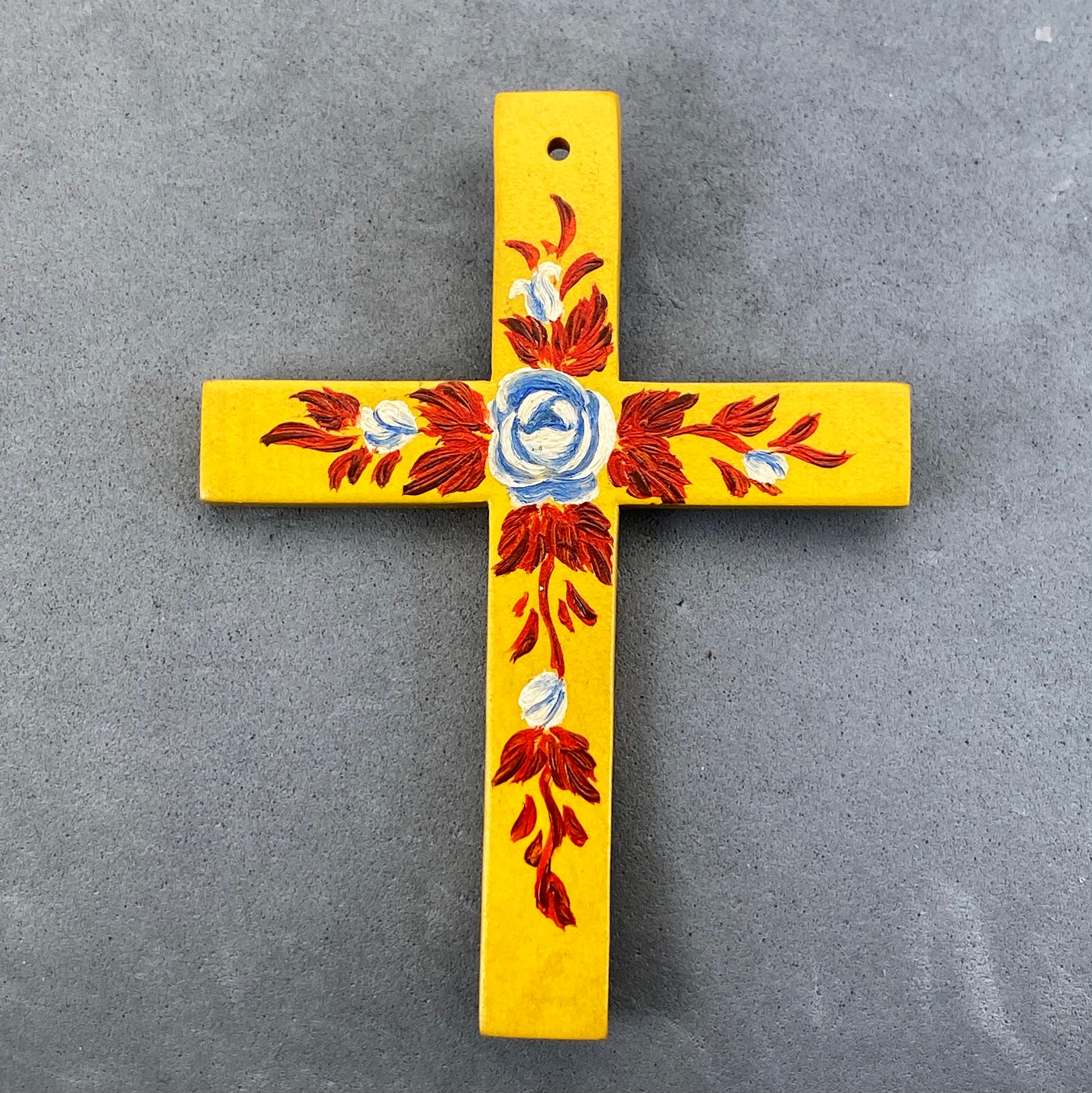 Yellow Teakwood Cross With Painted Rose Stem and Leaves - Etsy
