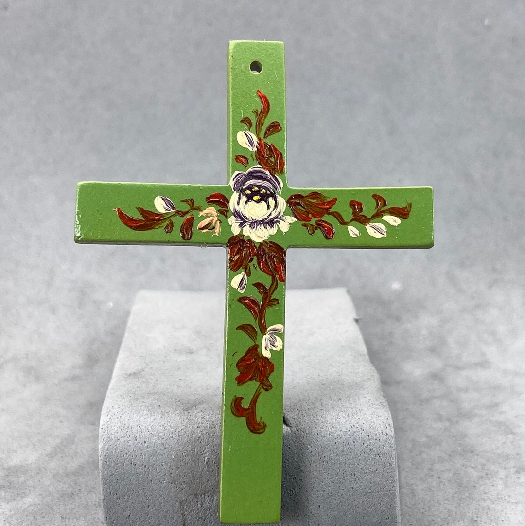 Evergreen Wood Cross Pendant Hand Painted With Flower Bouquet, Flower ...