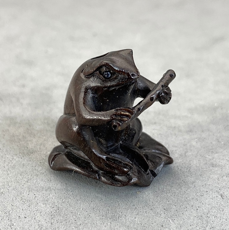 One Teakwood Ojime : Frog Playing Flute on a Lily Pad, Very Details ...