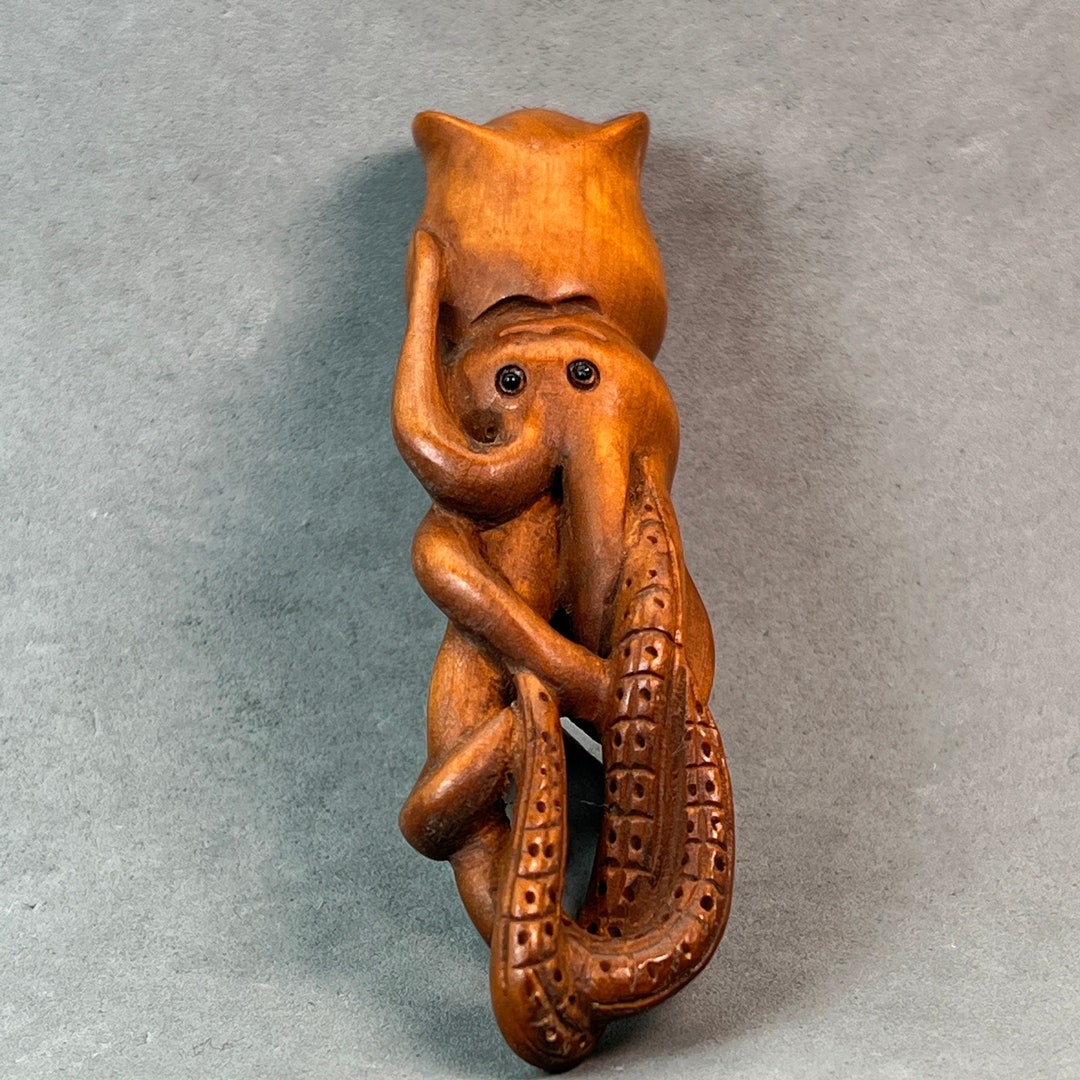 Hand Carved Boxwood Squid Netsuke, Wood Netsuke, Squid Charm, Wood ...