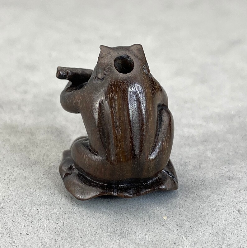 One Teakwood Ojime : Frog Playing Flute on a Lily Pad, Very Details ...