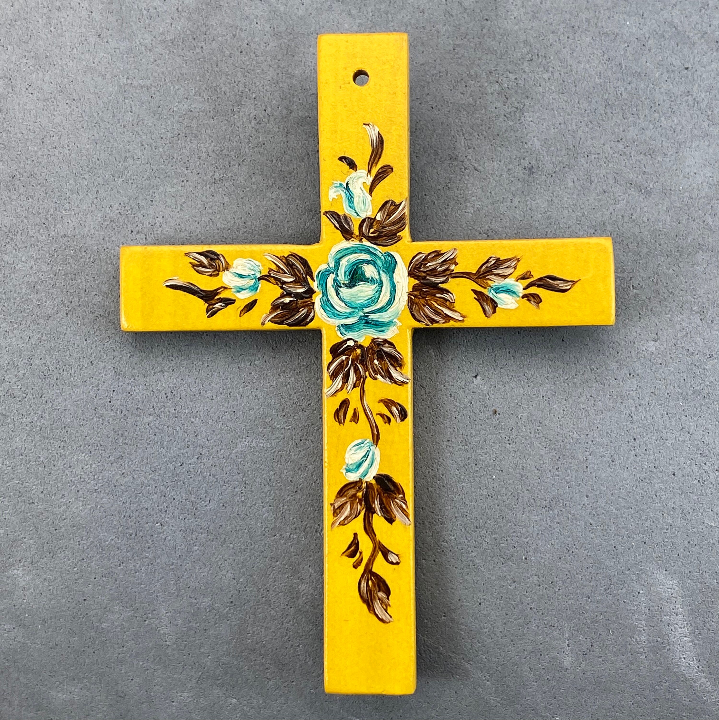 Yellow Teakwood Cross With Painted Rose Stem and Leaves - Etsy