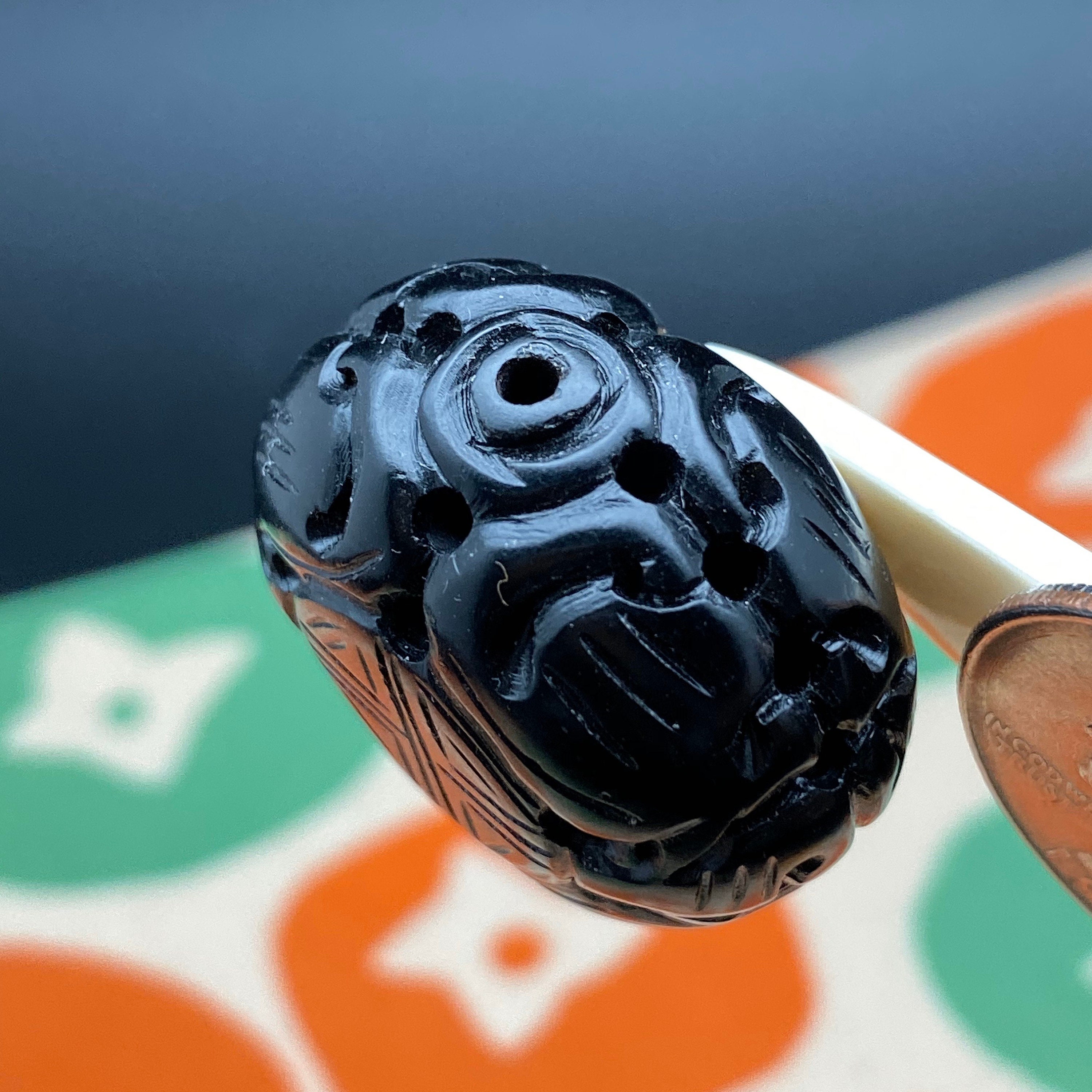 1 Vintage Jet Bead: Hand Carved Black Jet Bead of Longevity and Dragon ...