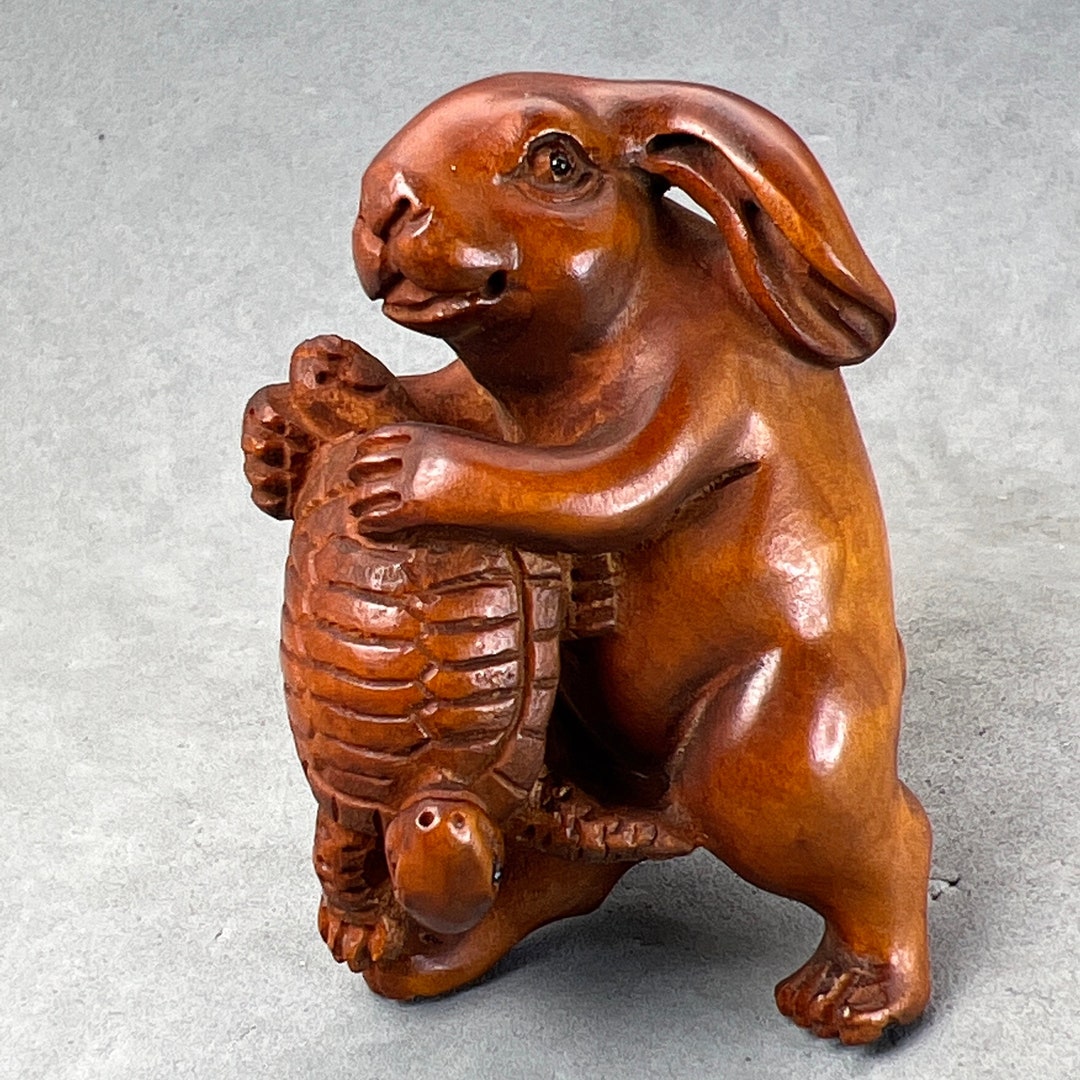 Hand Carved Boxwood Netsuke of Rabbits, Year of Hare, Rabbit Charm ...