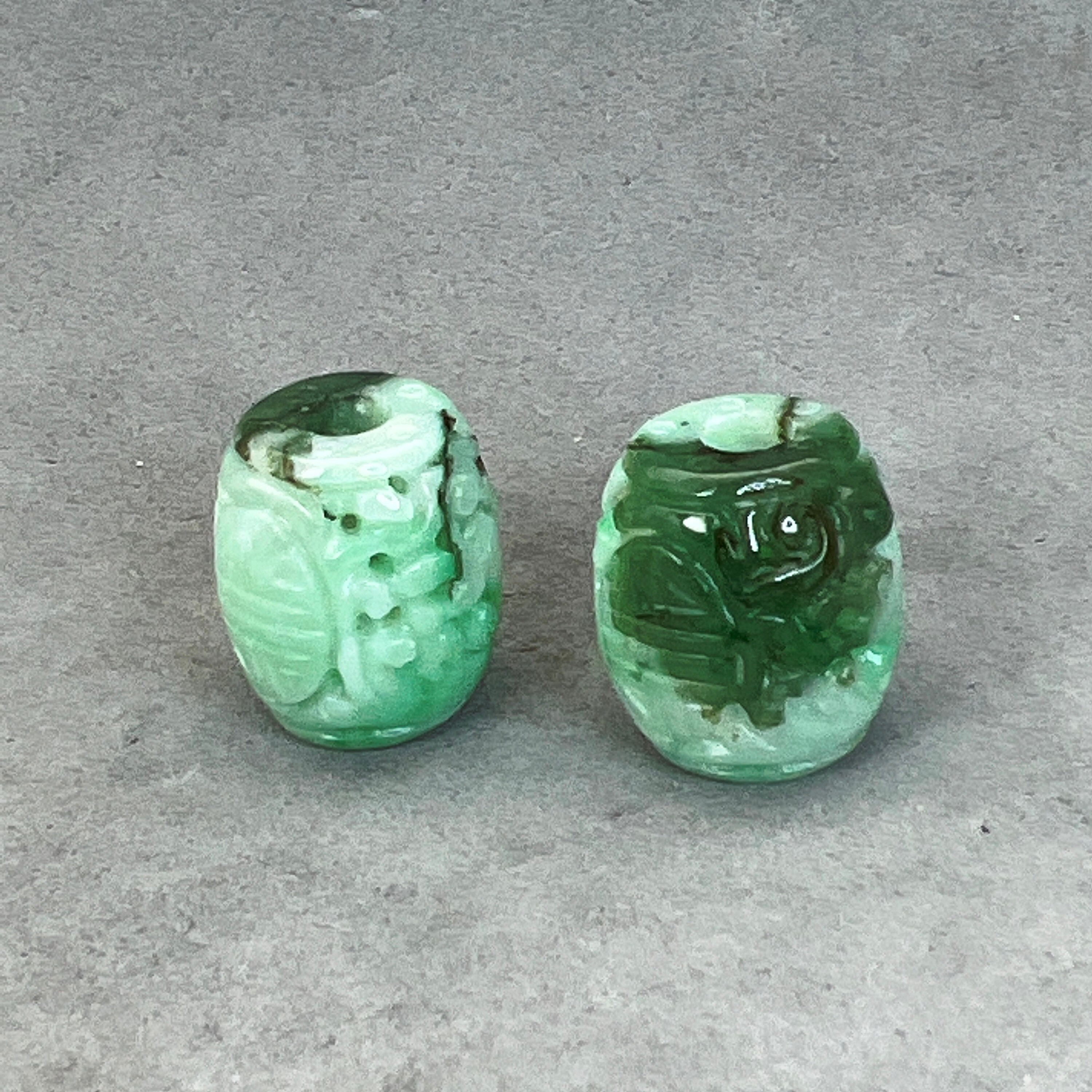 One Pair Hand Carved Jadeite Barrel Bead: Green Jadeite Bead Carved ...