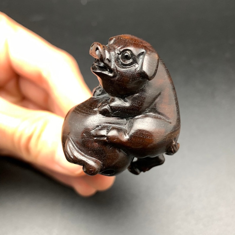 Hand Carved Teakwood Netsuke of Two Pigs Playing Year of Pig - Etsy