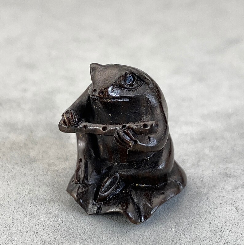 One Teakwood Ojime : Frog Playing Flute on a Lily Pad, Very Details ...