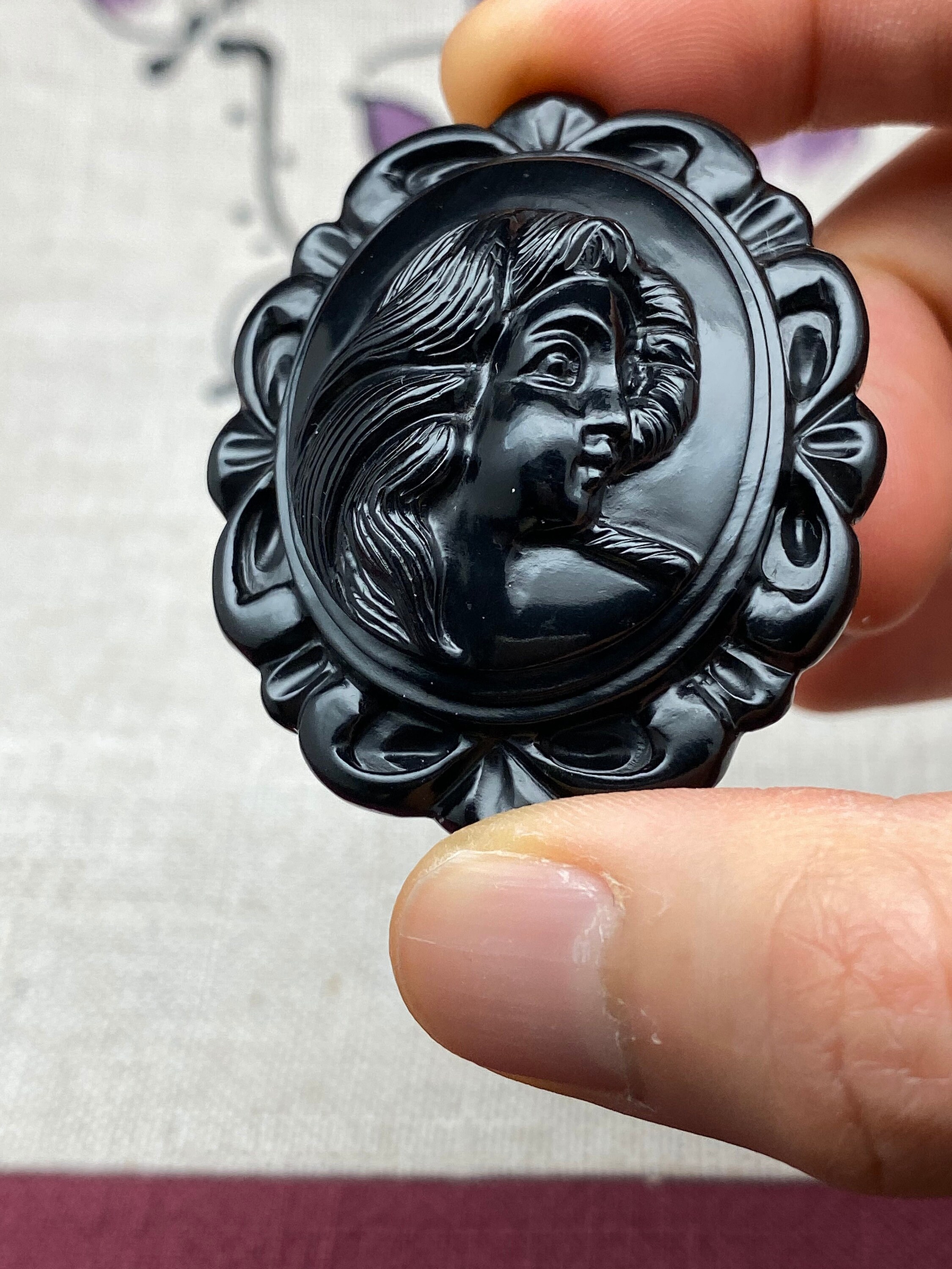 Vintage Jet Cameo of a Court Lady, Classic Jet Cameo of a Lady, Hand ...