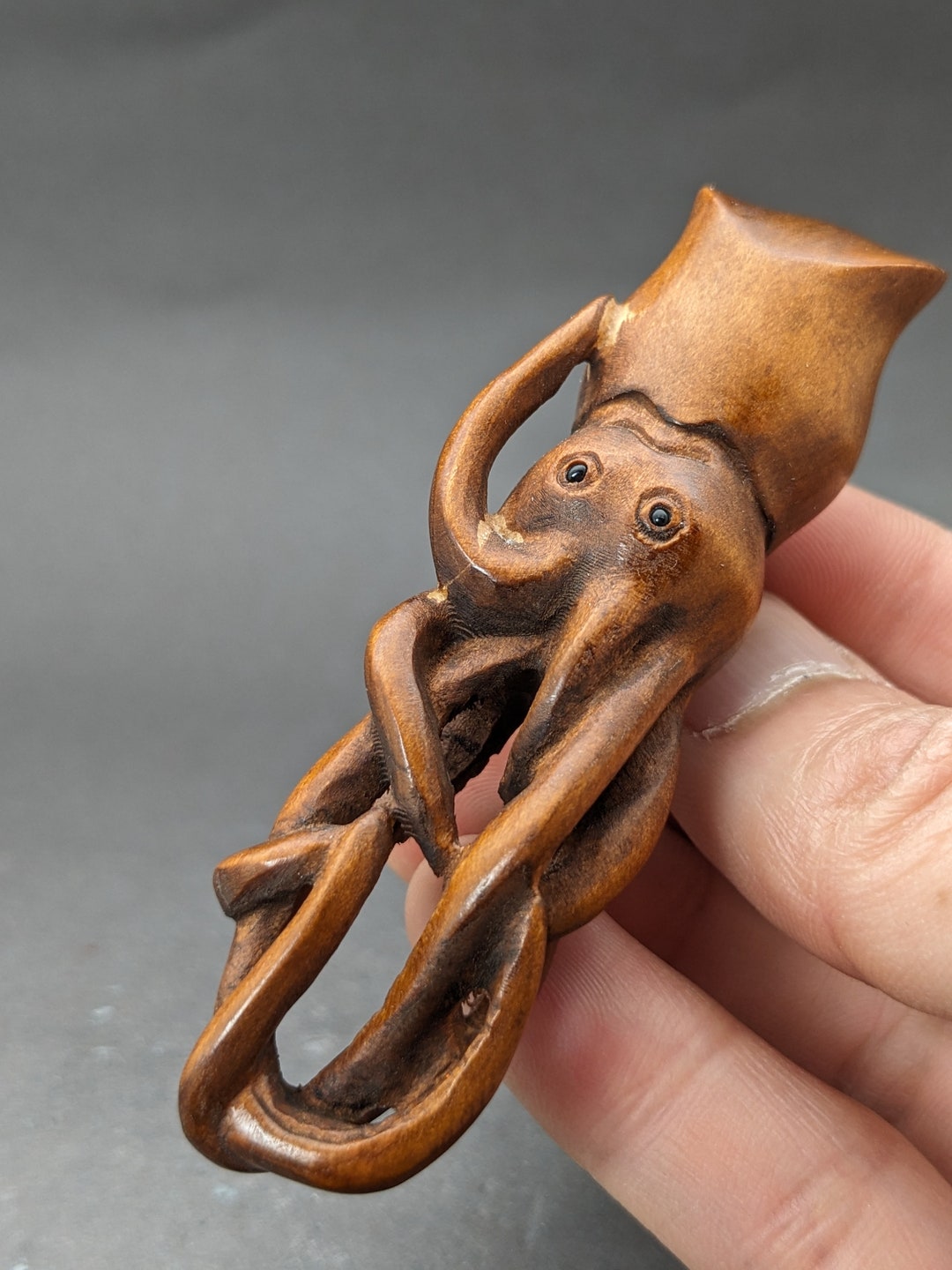 Hand Carved Boxwood Squid Netsuke, Wood Squid Netsuke, Squid Charm ...