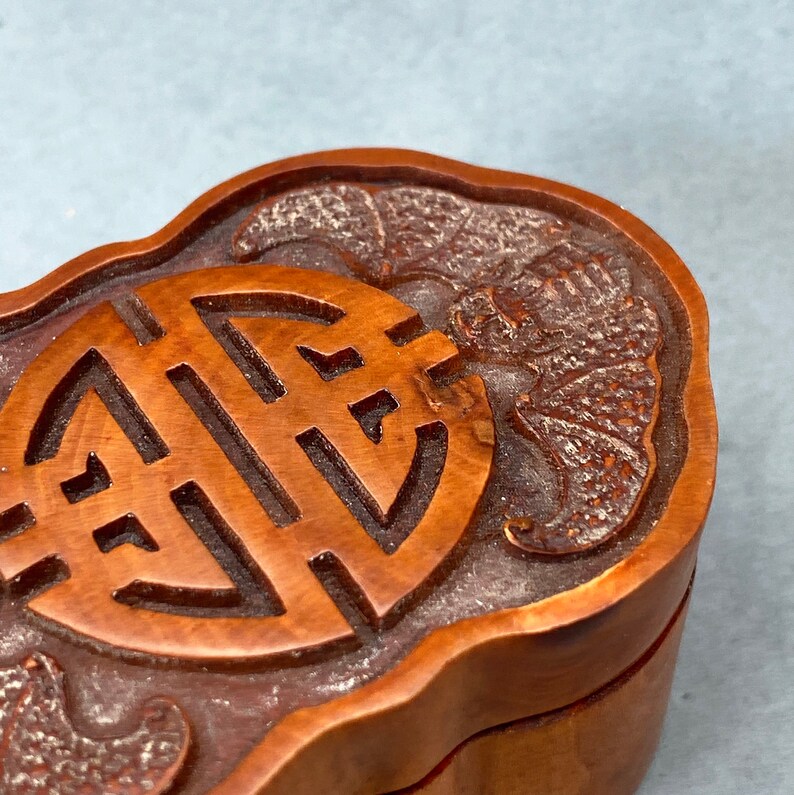 Hand Carved Boxwood Box: Bats and Longevity Symbol, Prosperity, Fine ...
