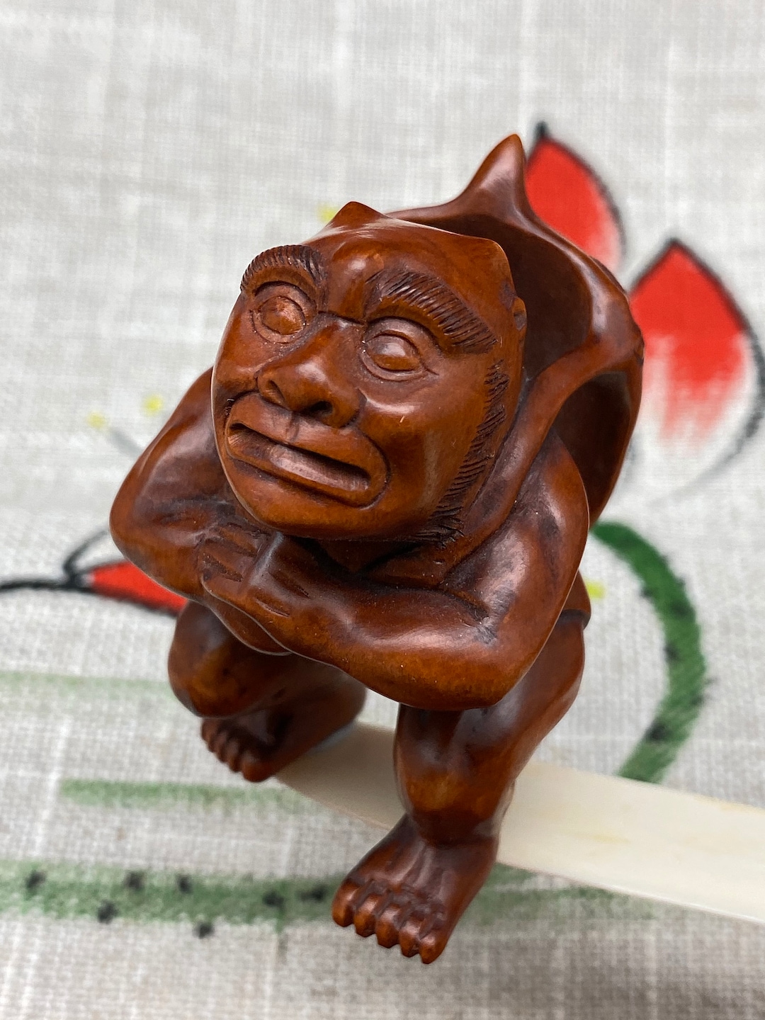 Hand Carved Boxwood Oni, the Demon Scholar Object, Cheerful Ghost Carry ...