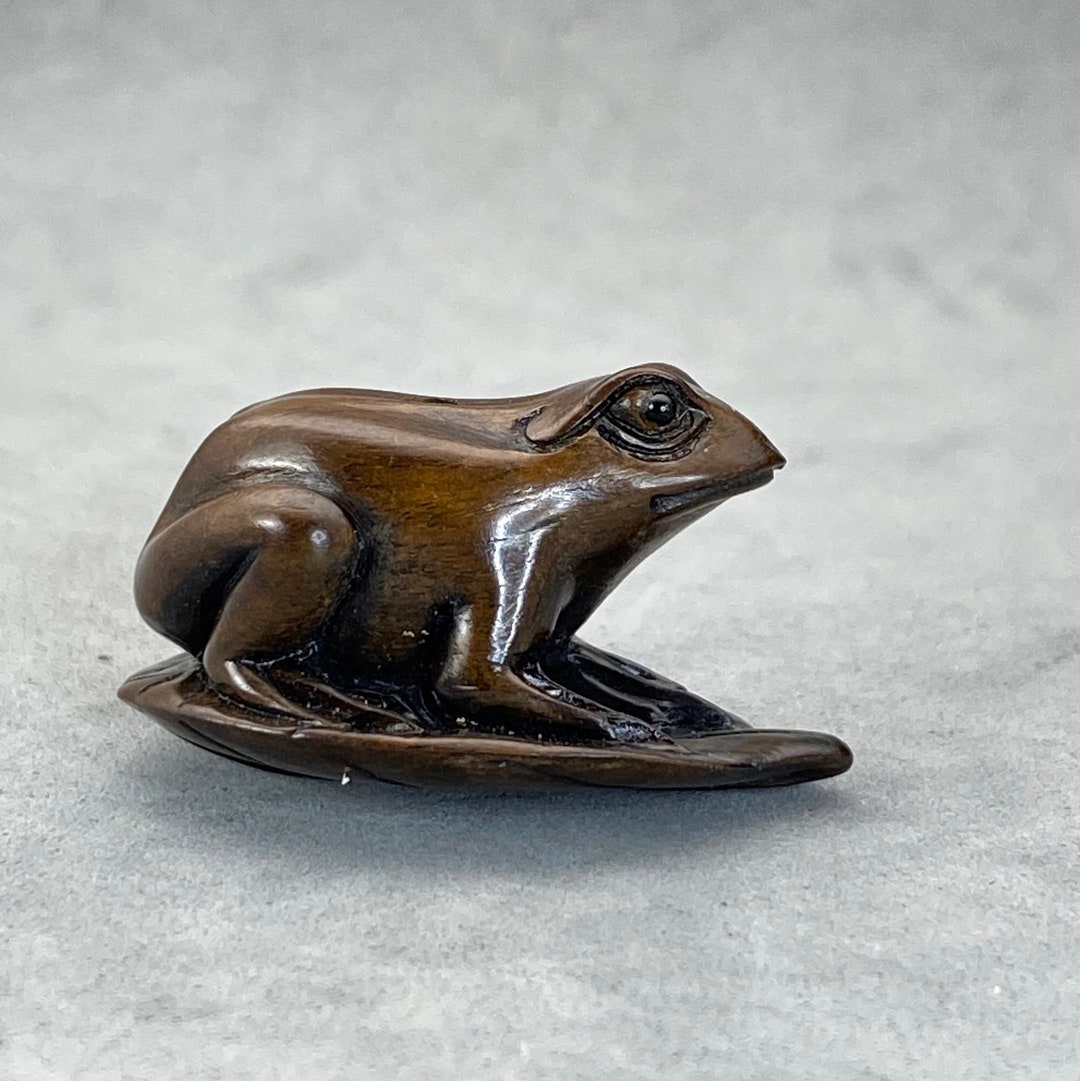 One Teakwood Ojime : Frog Playing Flute on a Lily Pad, Very Details ...