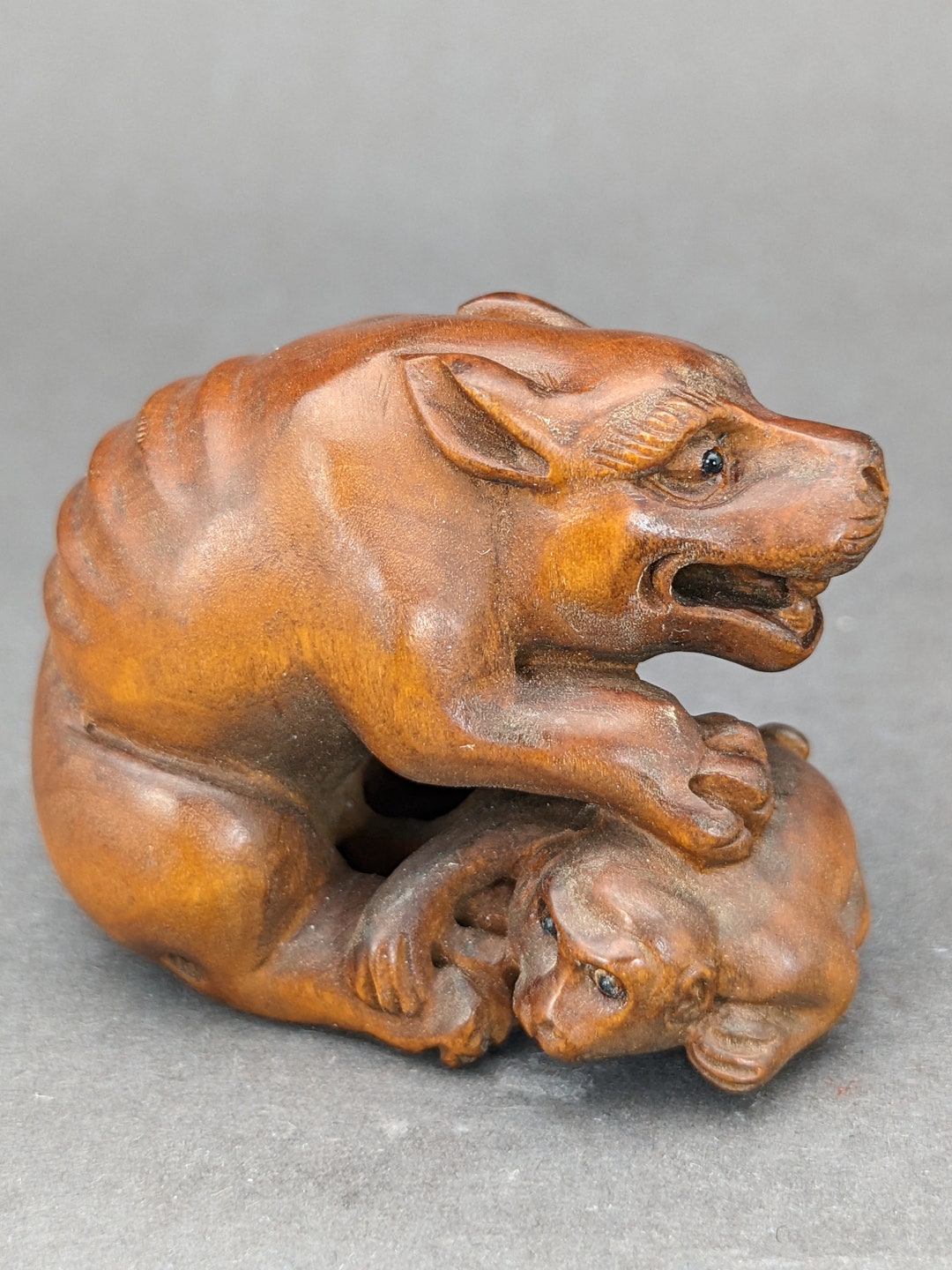 Hand Carved Boxwood Wolf and Monkey Netsuke, Boxwood Monkey Netsuke ...