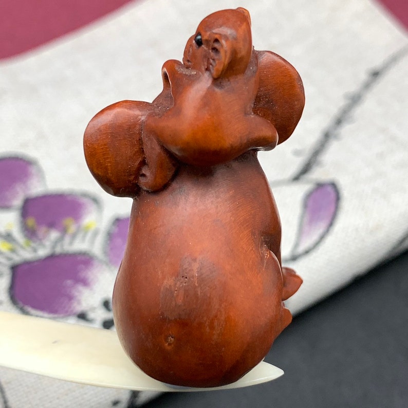 Hand Carved Boxwood Netsuke of Mother and Baby Koala, Signed by Artist ...