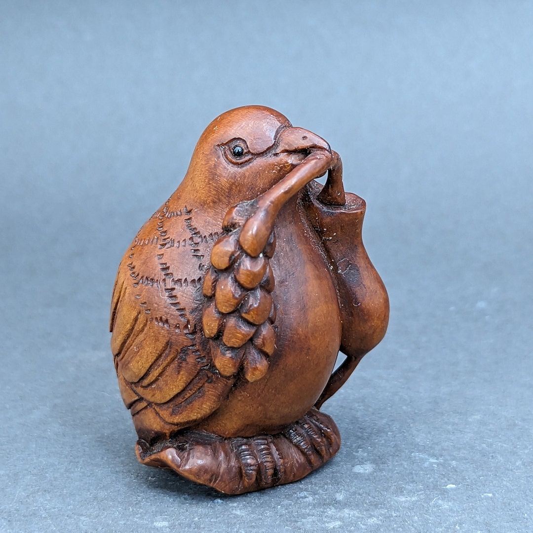 Hand Carved Boxwood Bird Netsuke, Wood Bird Charm, Bird Holding a Ear ...
