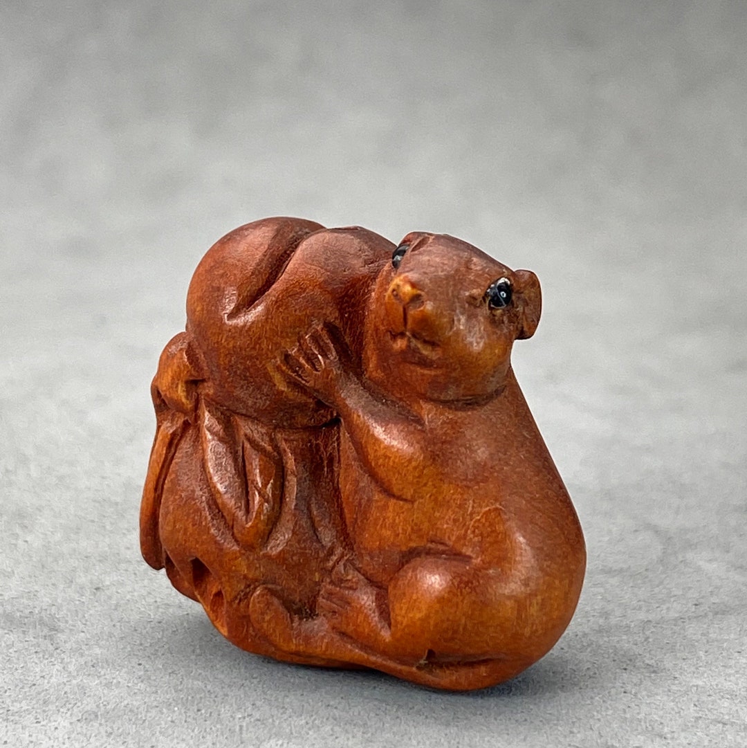 Hand Carved Boxwood Ojime of Rat, Year of the Rat, Golden Rat, Boxwood ...