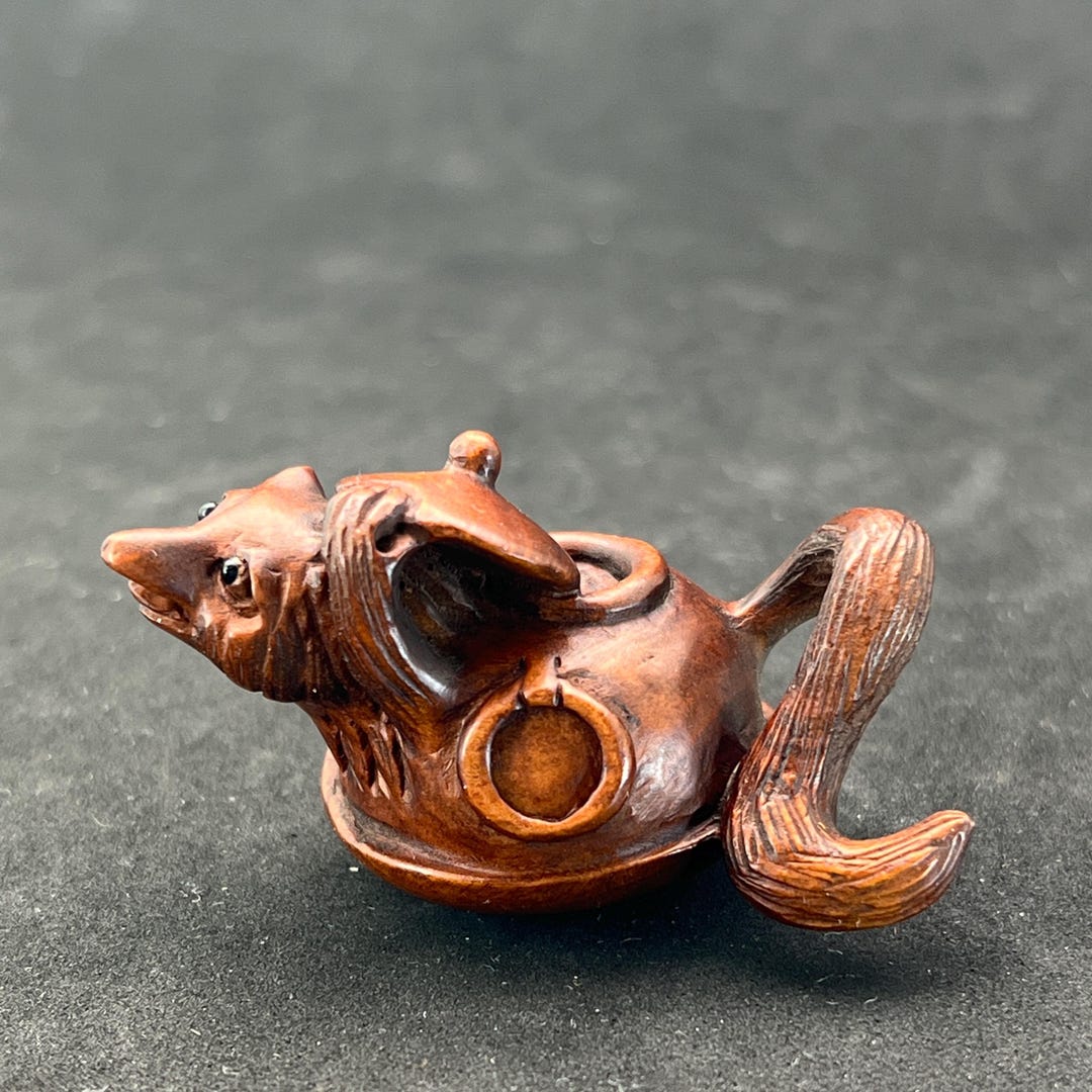 Hand Carved Boxwood Netsuke of Tanuki, Mythical Animal, Friendship ...