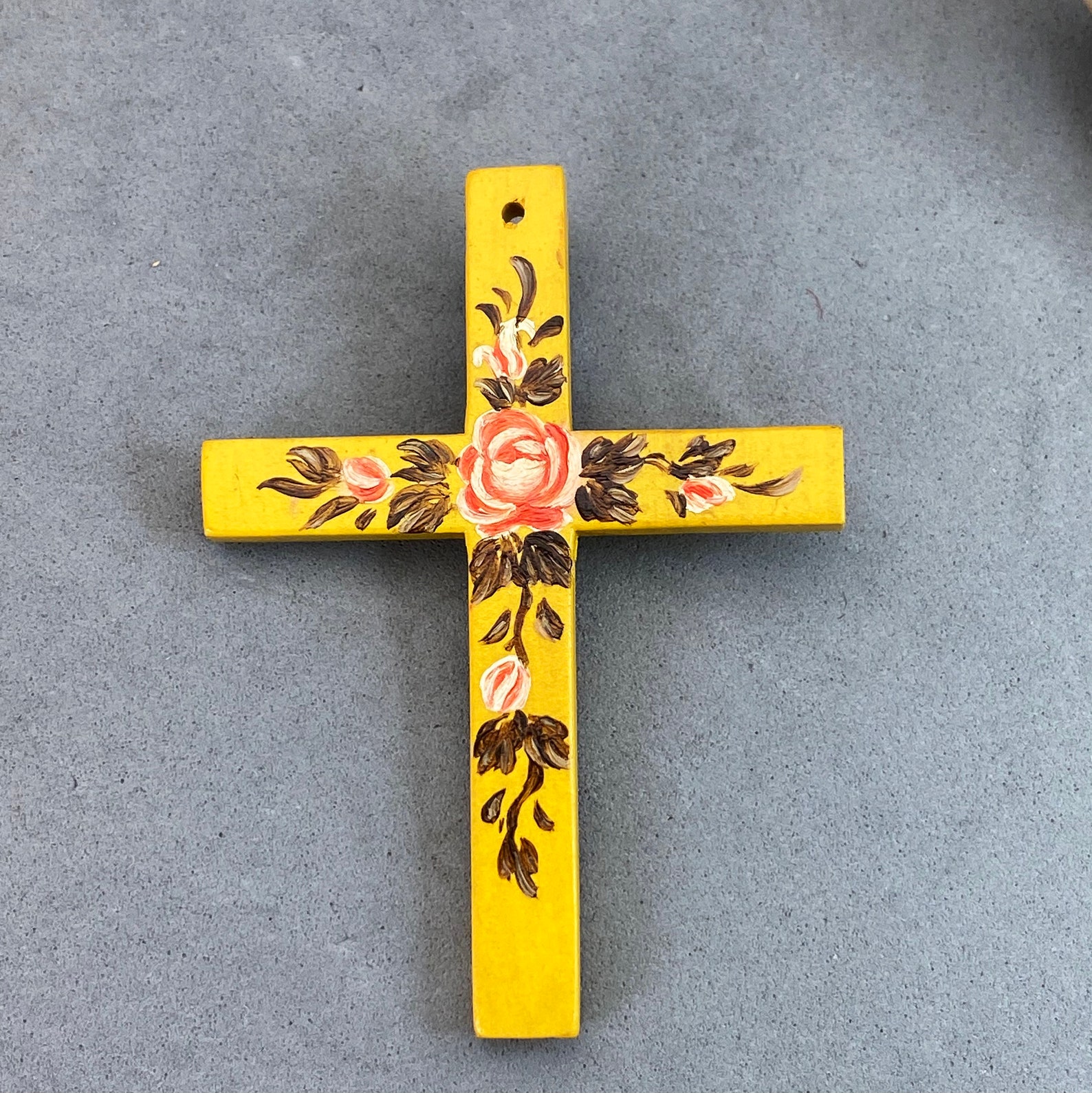 Yellow Teakwood Cross With Painted Rose Stem and Leaves - Etsy