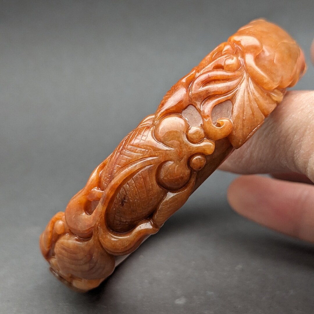 Jadeite Bangle Carved With Flowers, Red Jade Flower Bangle, Fine ...