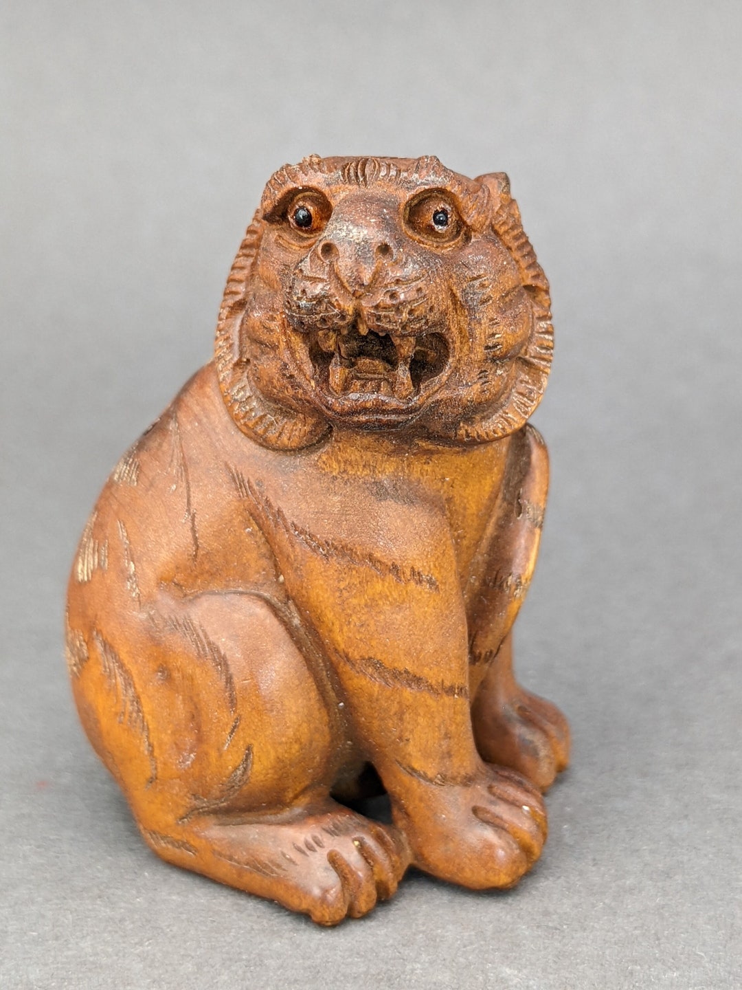 Hand Carved Boxwood Tiger Netsuke, Wood Tiger Netsuke, Wood Tiger Charm ...
