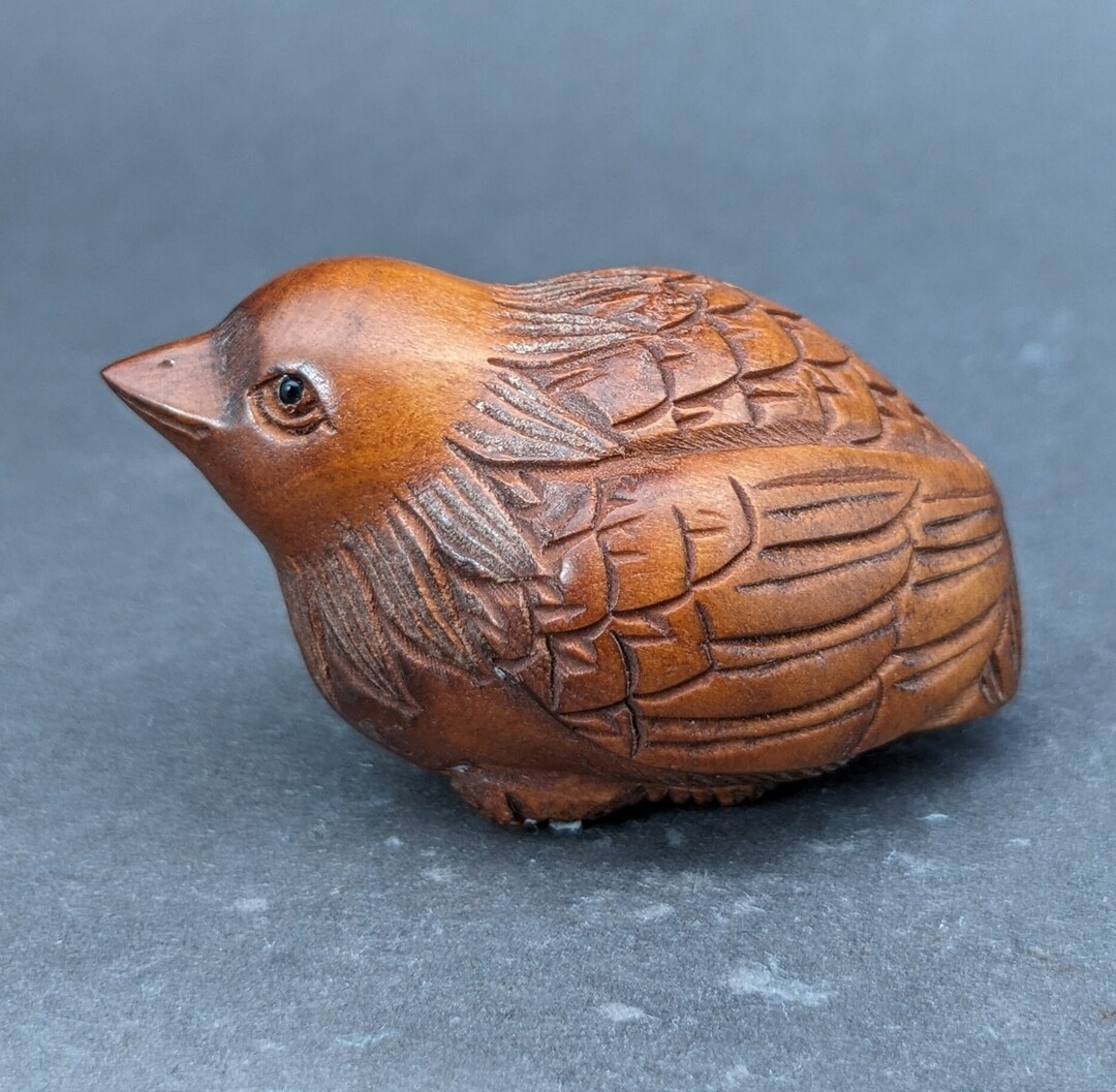 Hand Carved Boxwood Bird Netsuke, Wood Bird Charm, Symbol of Prosperity ...