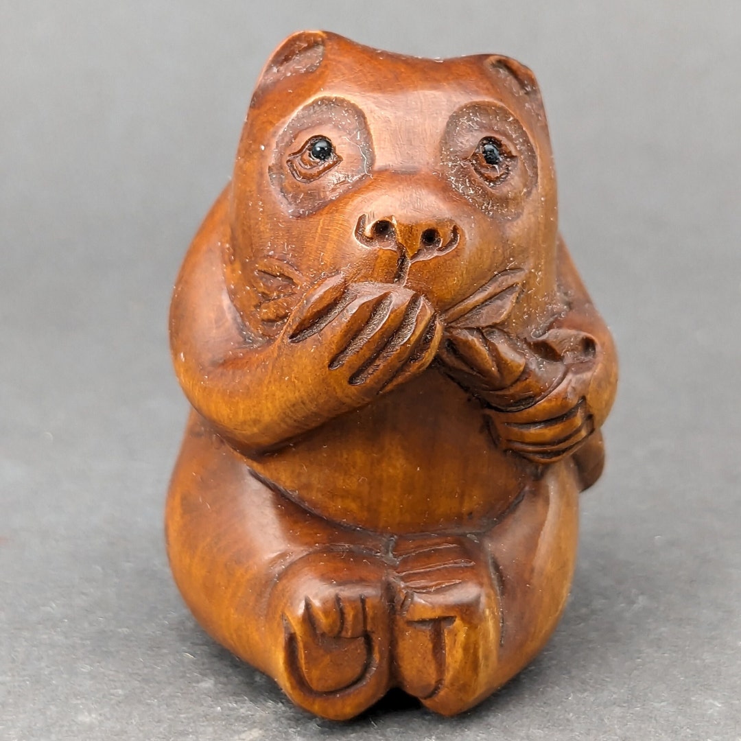 Hand Carved Boxwood Panda Netsuke, Wood Panda Netsuke, Wood Panda ...