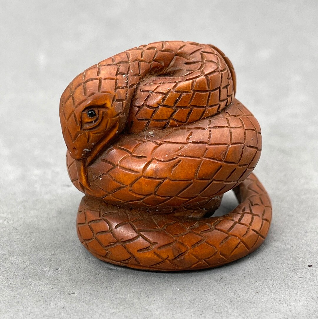 Hand Carved Boxwood Snake Netsuke, Wood Snake Netsuke, Boxwood Snake ...