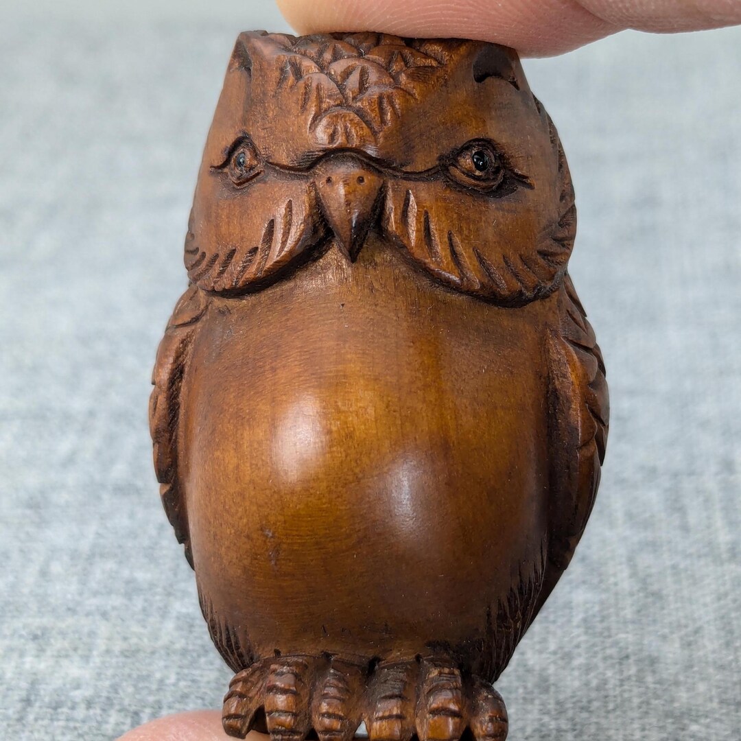 Hand Carved Boxwood Netsuke of an Owl, Boxwood Owl Netsuke, Wood Owl ...