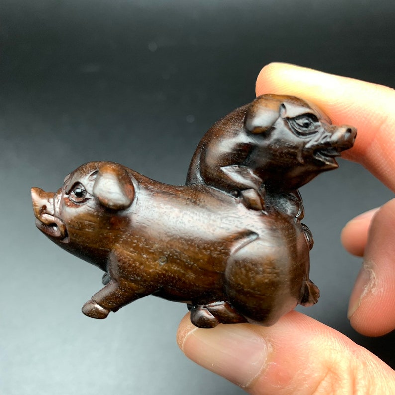 Hand Carved Teakwood Netsuke of Two Pigs Playing Year of Pig - Etsy