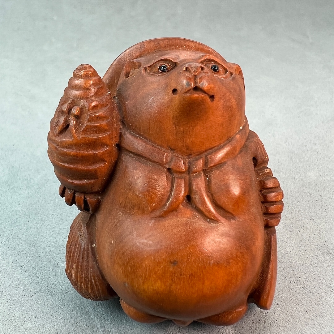 Hand Carved Boxwood Netsuke of Bake-danuki, Raccoon Dog, Supernatural ...
