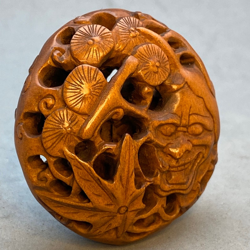 Hand Carved Boxwood Oni Mask Scholar Object, Intricately Carved ...