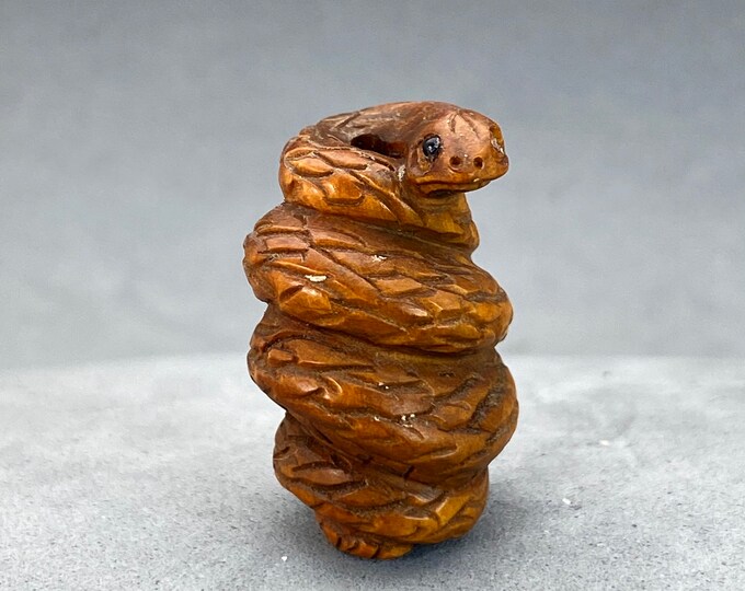 1 Hand Carved Boxwood Ojime of Coiled Snake, Wood Coiled Snake Ojime ...
