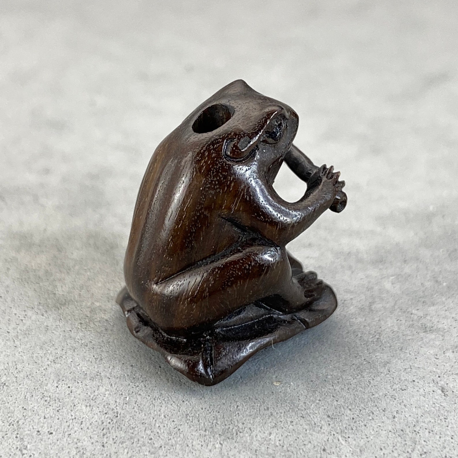 One Teakwood Ojime : Frog Playing Flute on a Lily Pad, Very Details ...