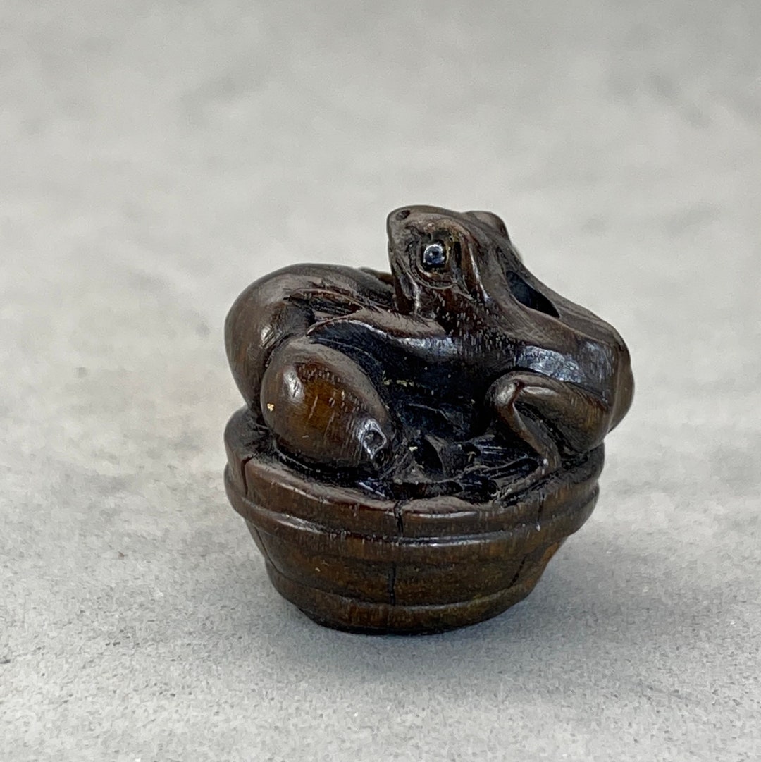 One Teakwood Ojime : Frog Playing Flute on a Lily Pad Very - Etsy