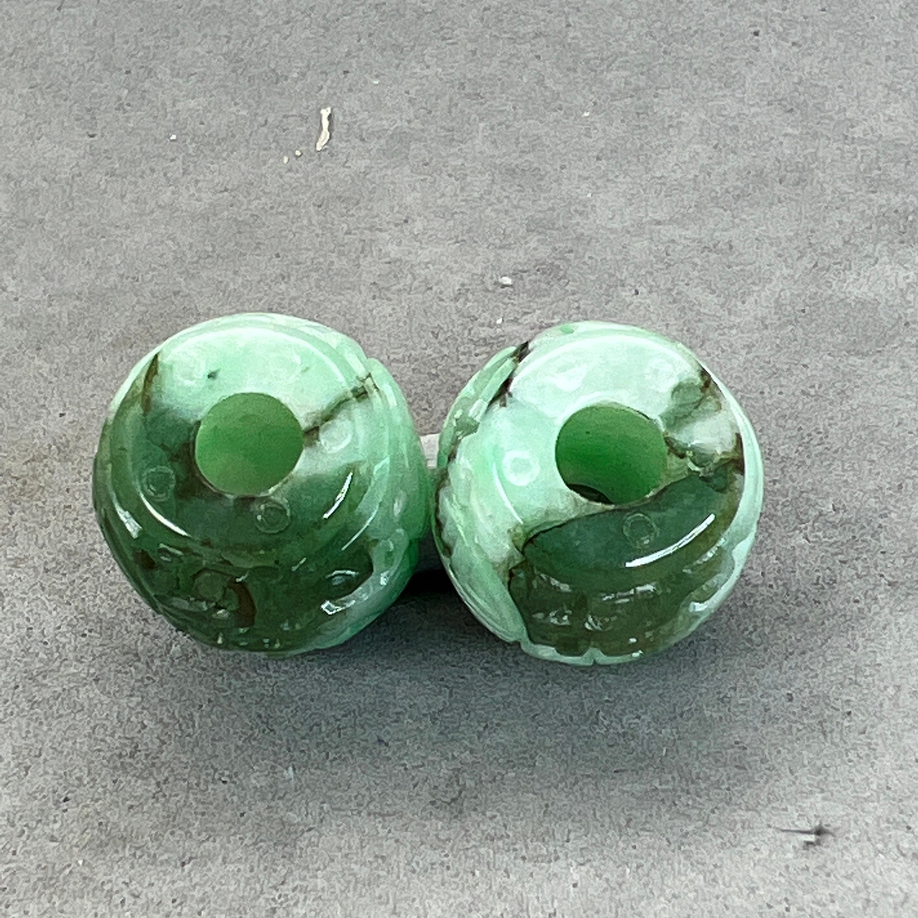 One Pair Hand Carved Jadeite Barrel Bead: Green Jadeite Bead Carved ...