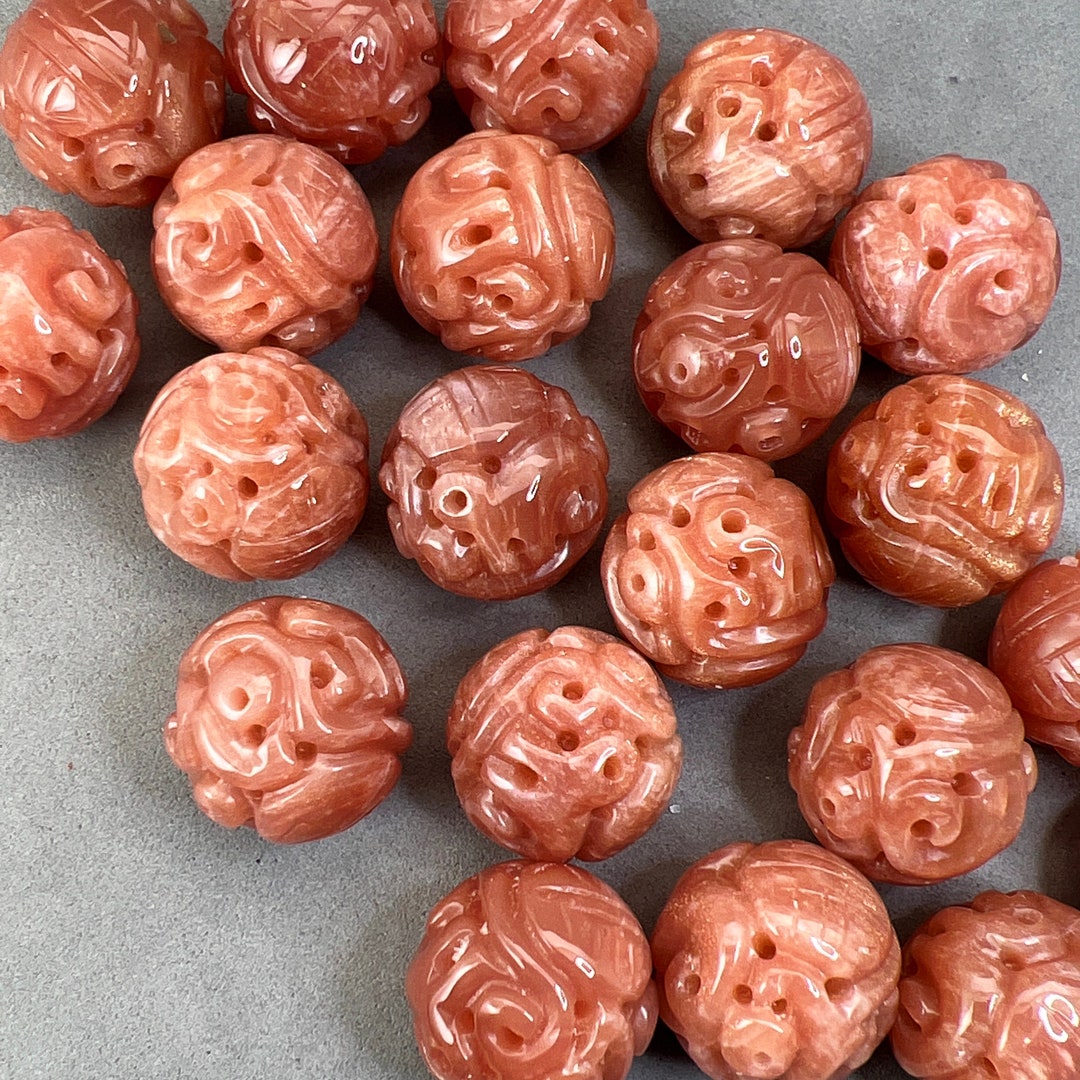Semi Precious Stone Carving: One (1) Hand Carved Peach Moonstone Bead ...