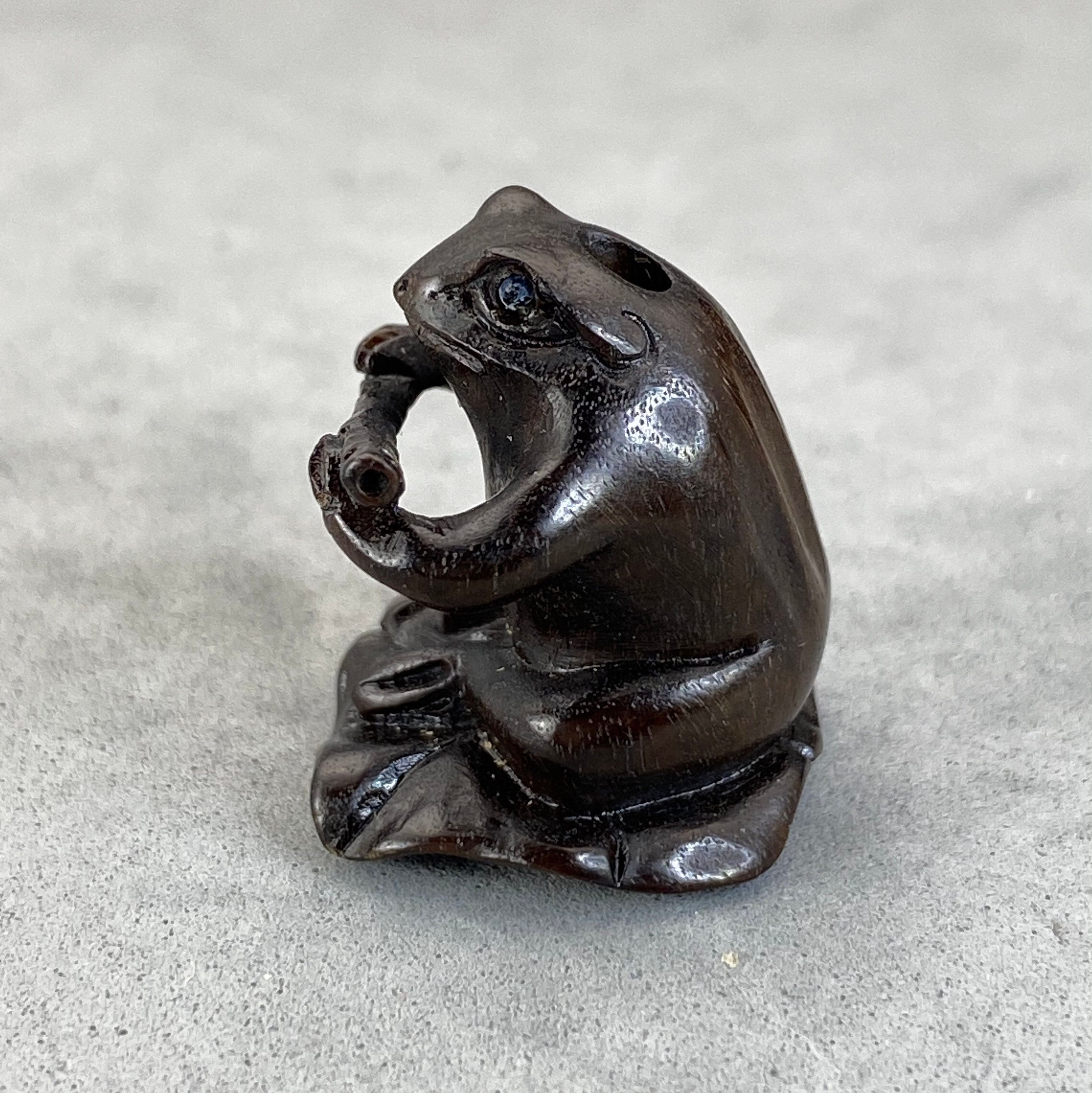 One Teakwood Ojime : Frog Playing Flute on a Lily Pad, Very Details ...