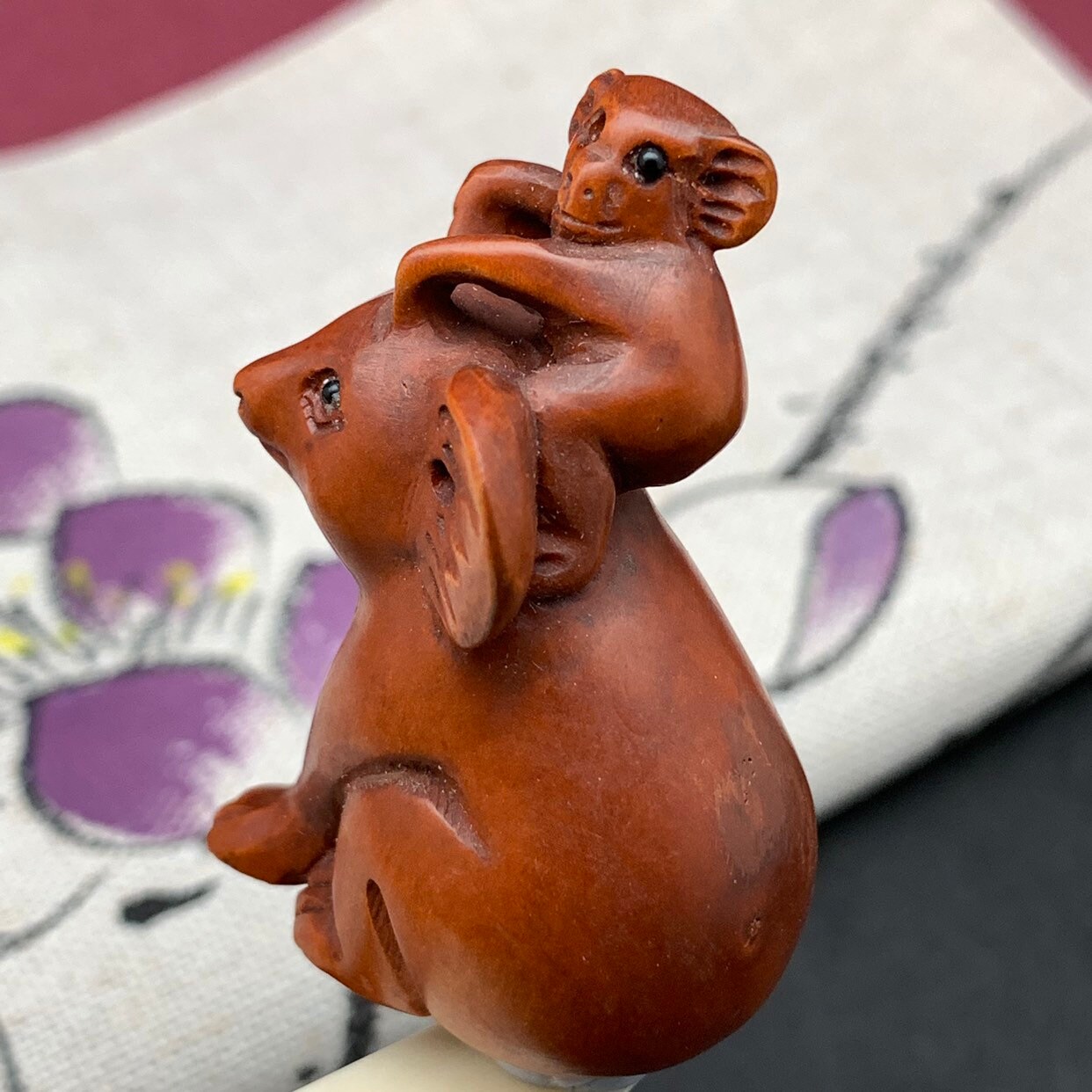 Hand Carved Boxwood Netsuke of Mother and Baby Koala, Signed by Artist ...