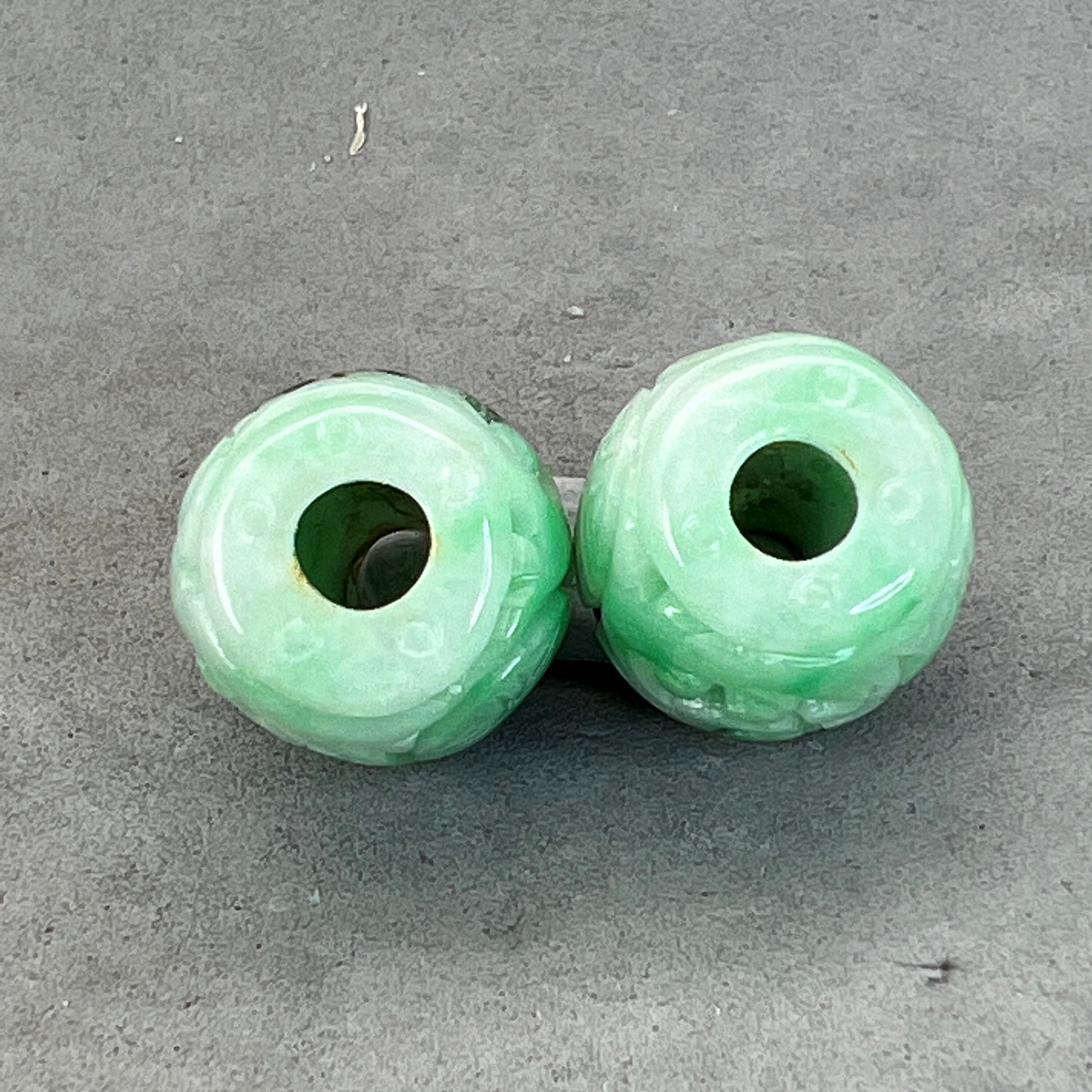 One Pair Hand Carved Jadeite Barrel Bead: Green Jadeite Bead - Etsy