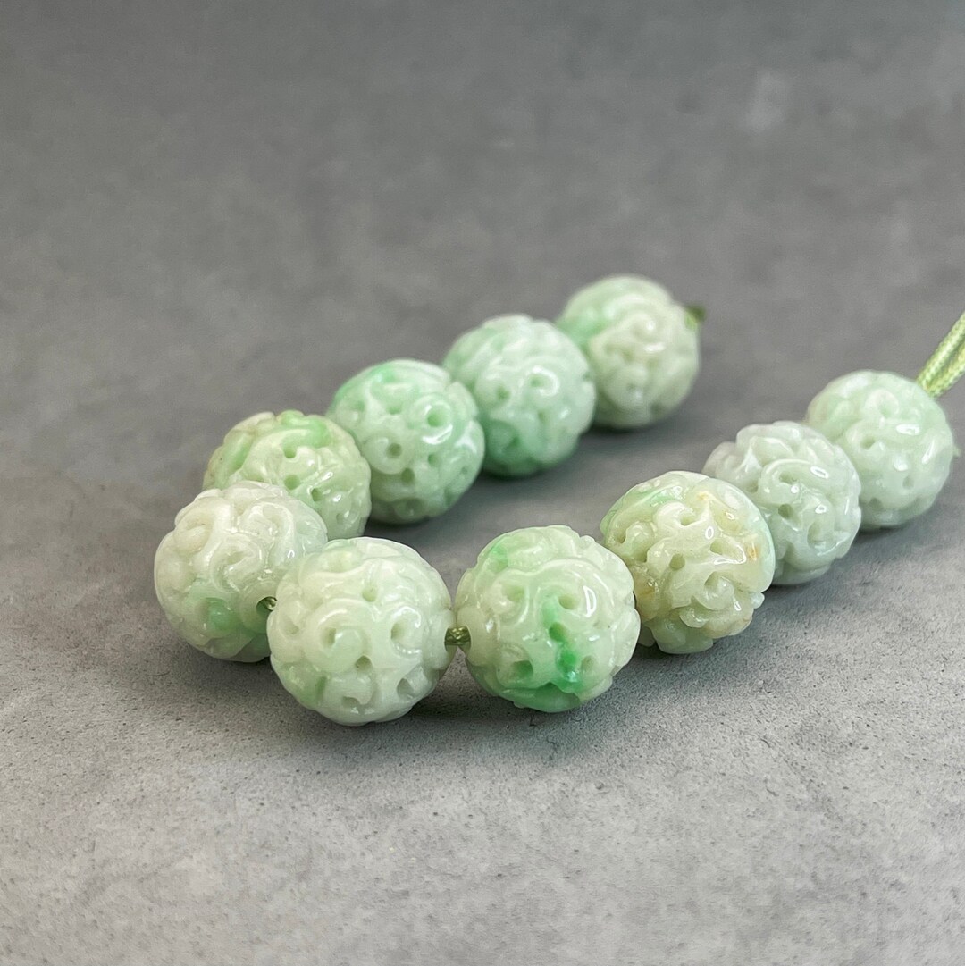 One Jade Carving: 1 Hand Carved Natural Color Green Jadeite Bead ...