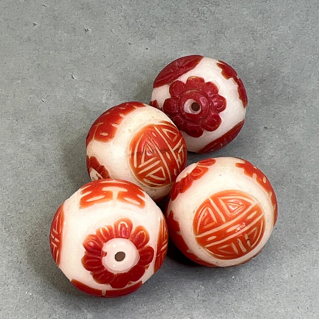 1 Vintage Peking Glass Beads of Overlay Red Monochrome Carved With ...