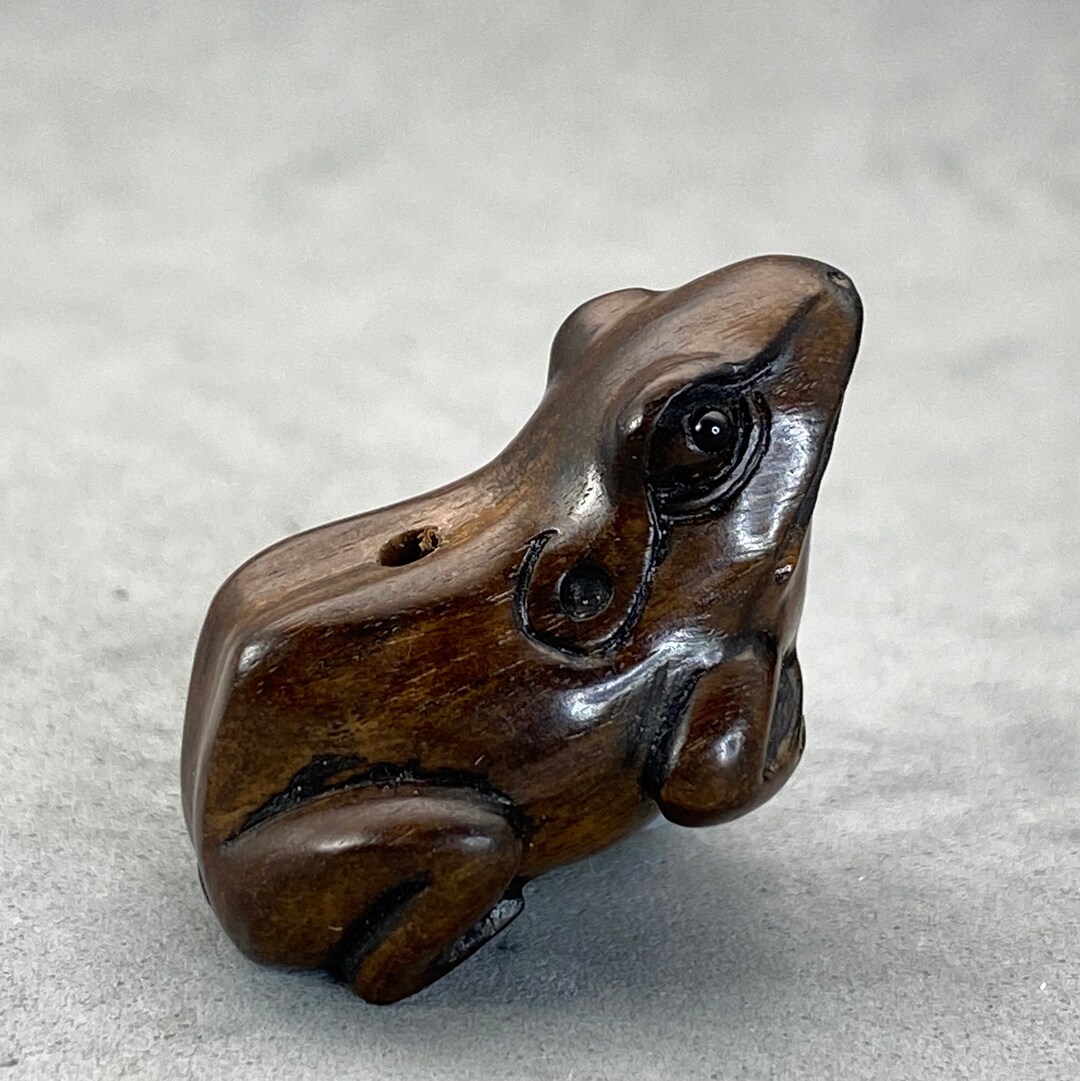 One Teakwood Ojime : Frog Playing Flute on a Lily Pad, Very Details ...