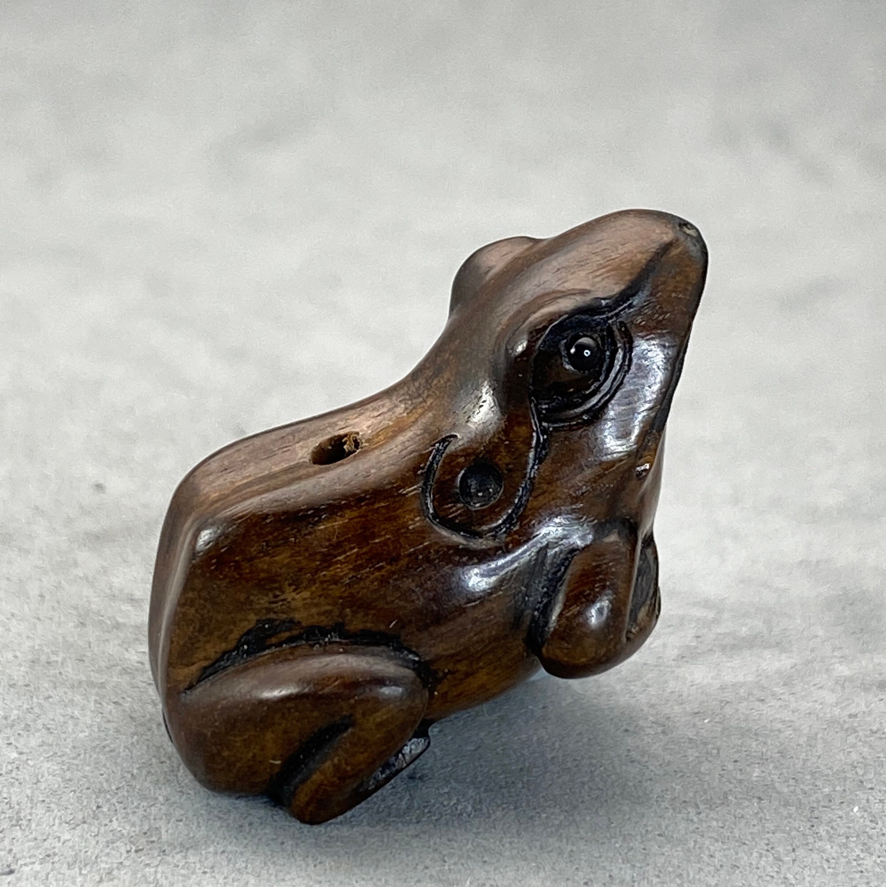 One Teakwood Ojime : Frog Playing Flute on a Lily Pad Very - Etsy