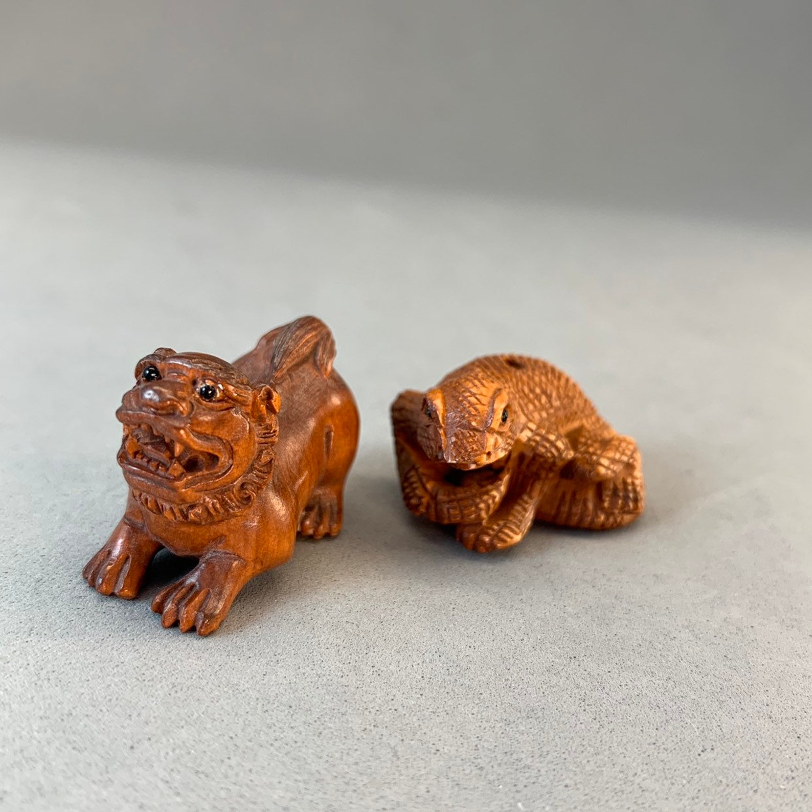 2 Hand Carved Boxwood Ojime of Japanese Mythical Animal Fu | Etsy